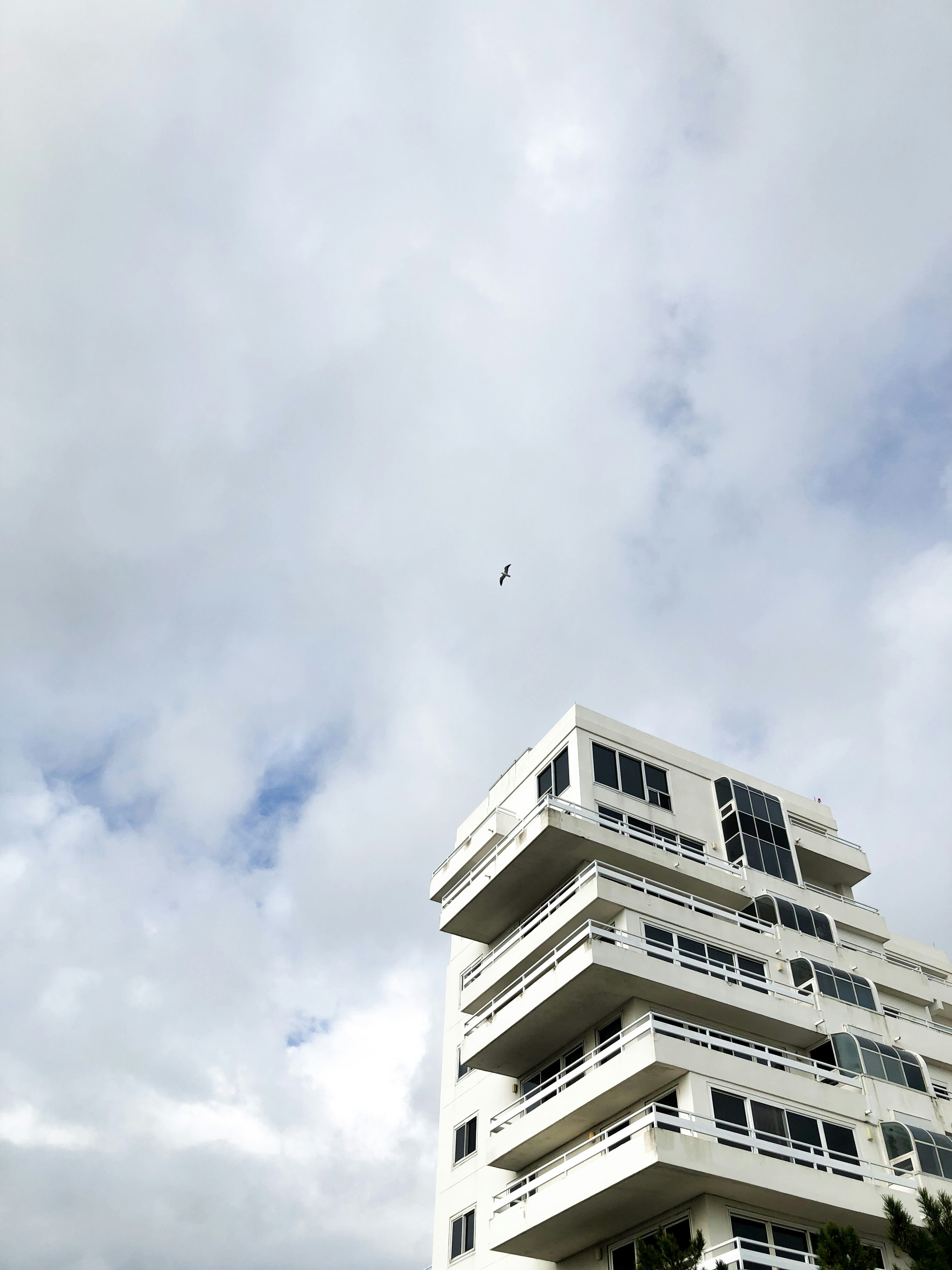 Modern white building with multiple balconies under a cloudy sky, featuring a solitary bird soaring above.