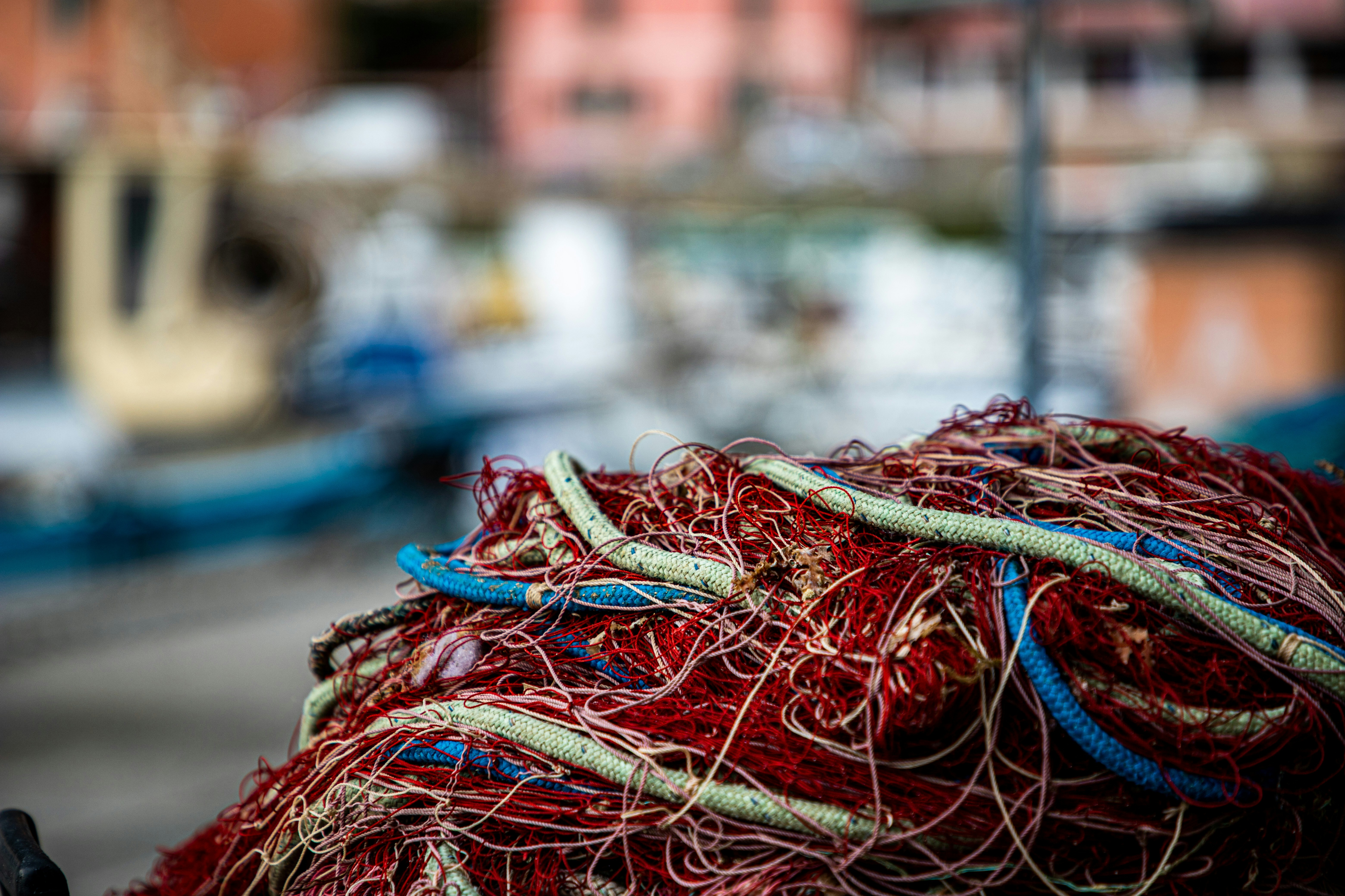 Crimson Tangle at Dockside: Nets and Lines with Harbor Blur
