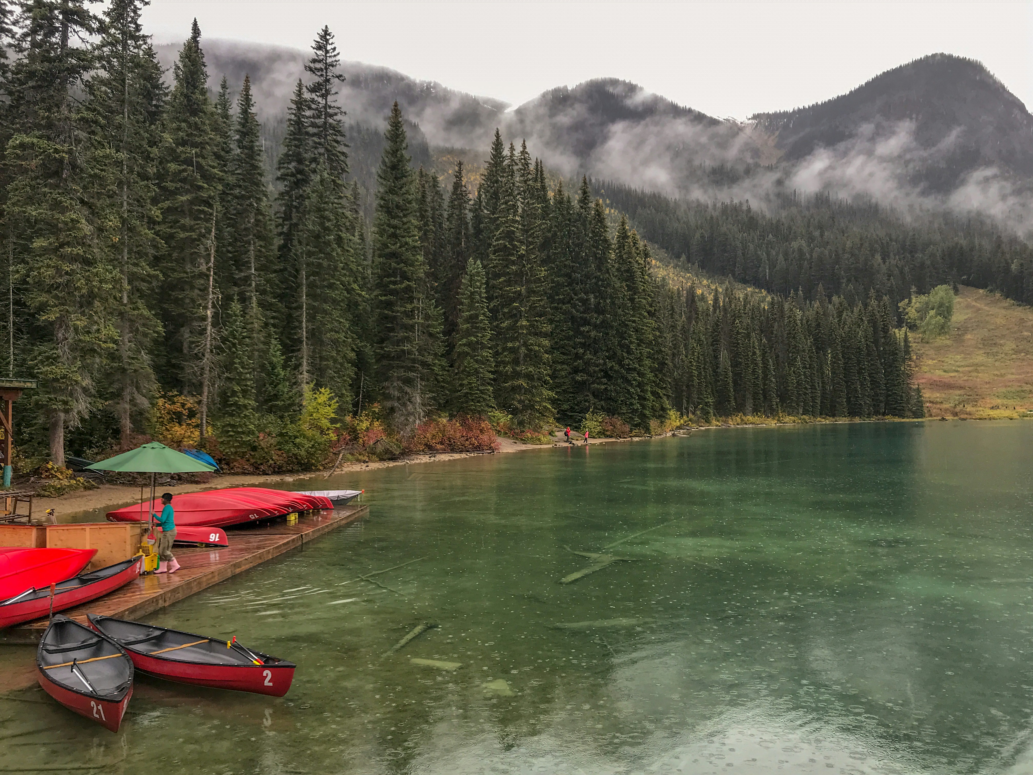 Canoes lined up on a dock beside a tranquil lake, surrounded by dense evergreen trees and misty mountains. Rain gently falls on the water's surface.