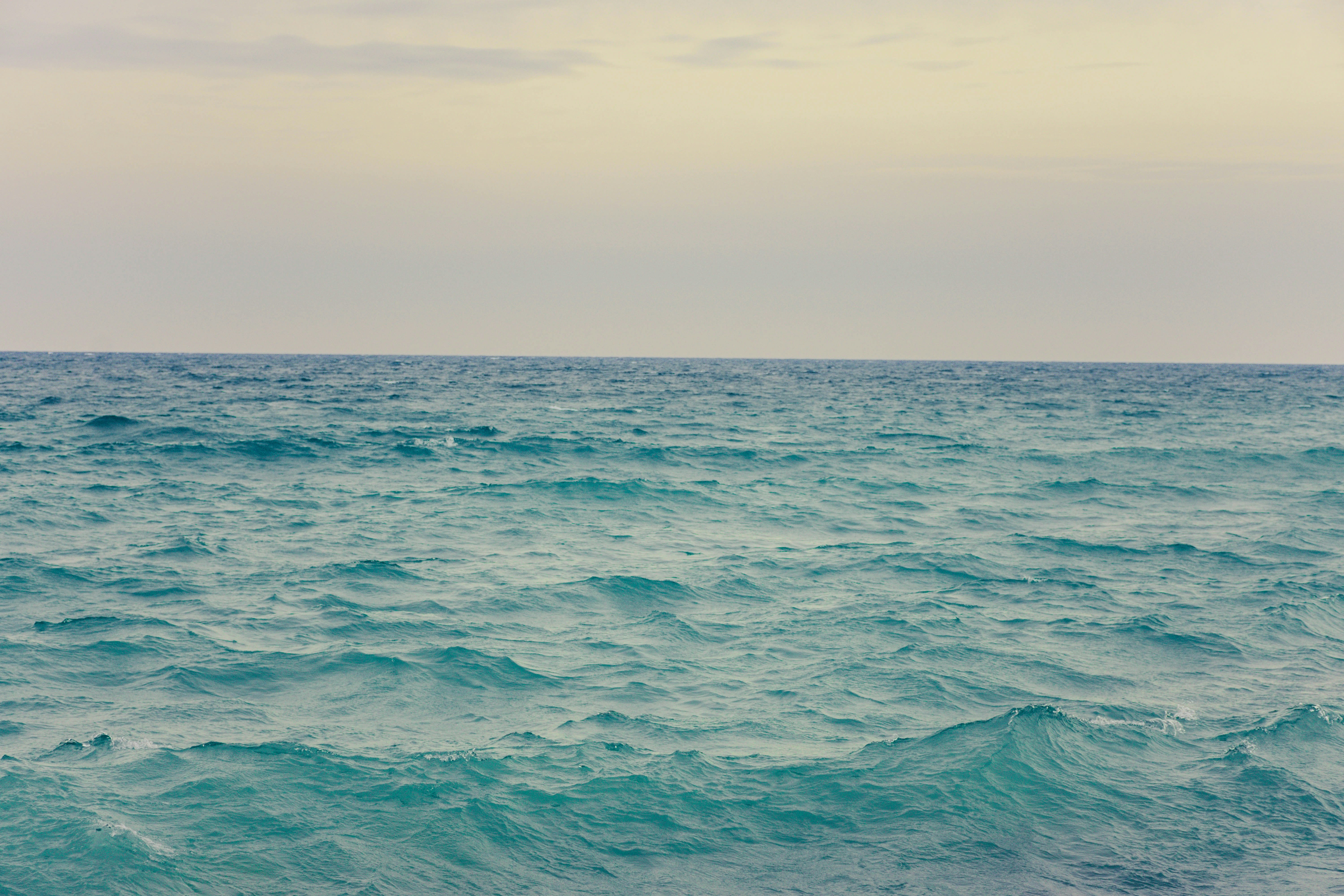 Gentle waves ripple across a tranquil sea under a soft, muted sky. The horizon blends seamlessly with the water's surface.