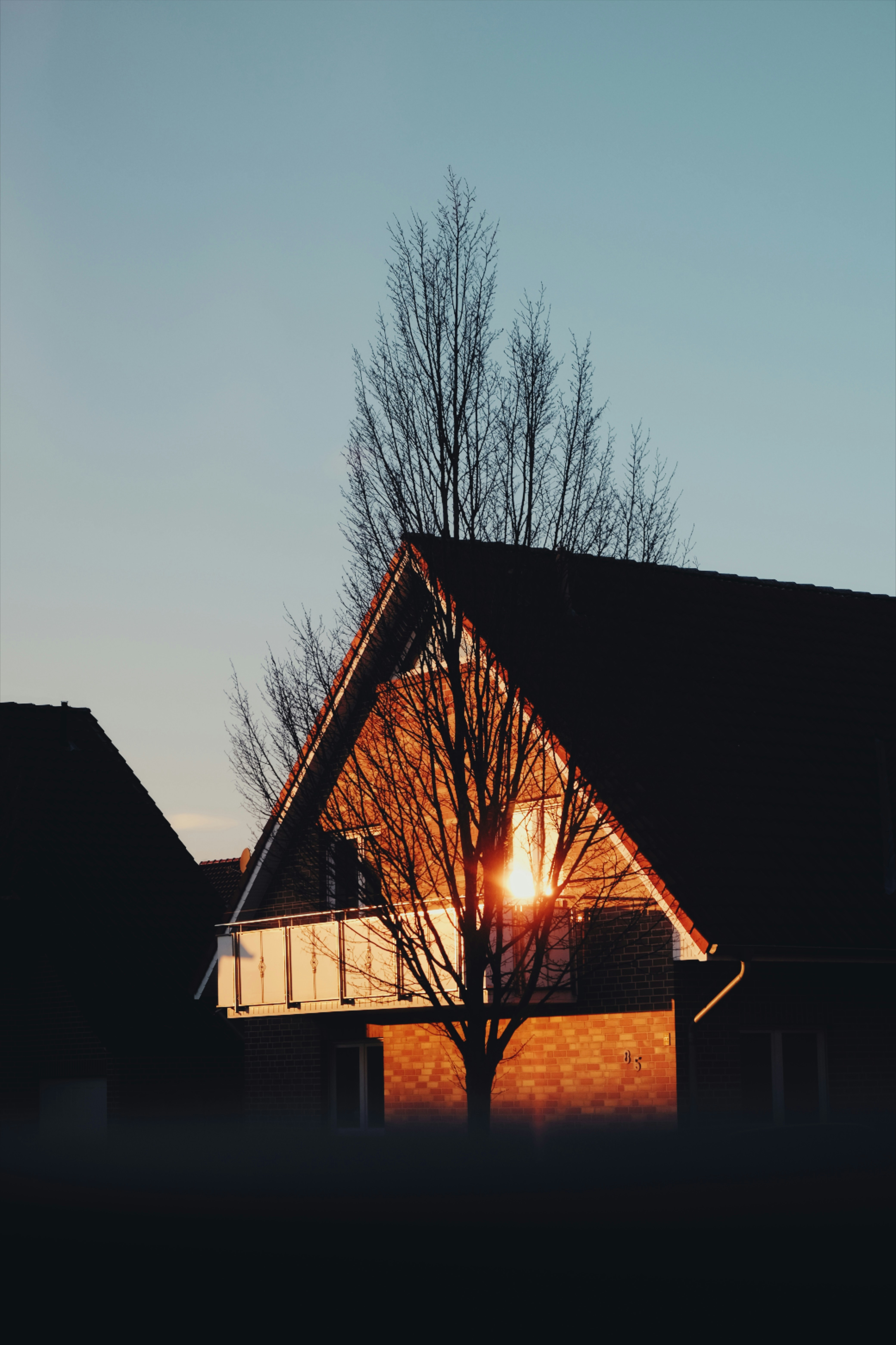 Sunlight streaming through a balcony of a house, framed by a leafless tree against a clear evening sky.
