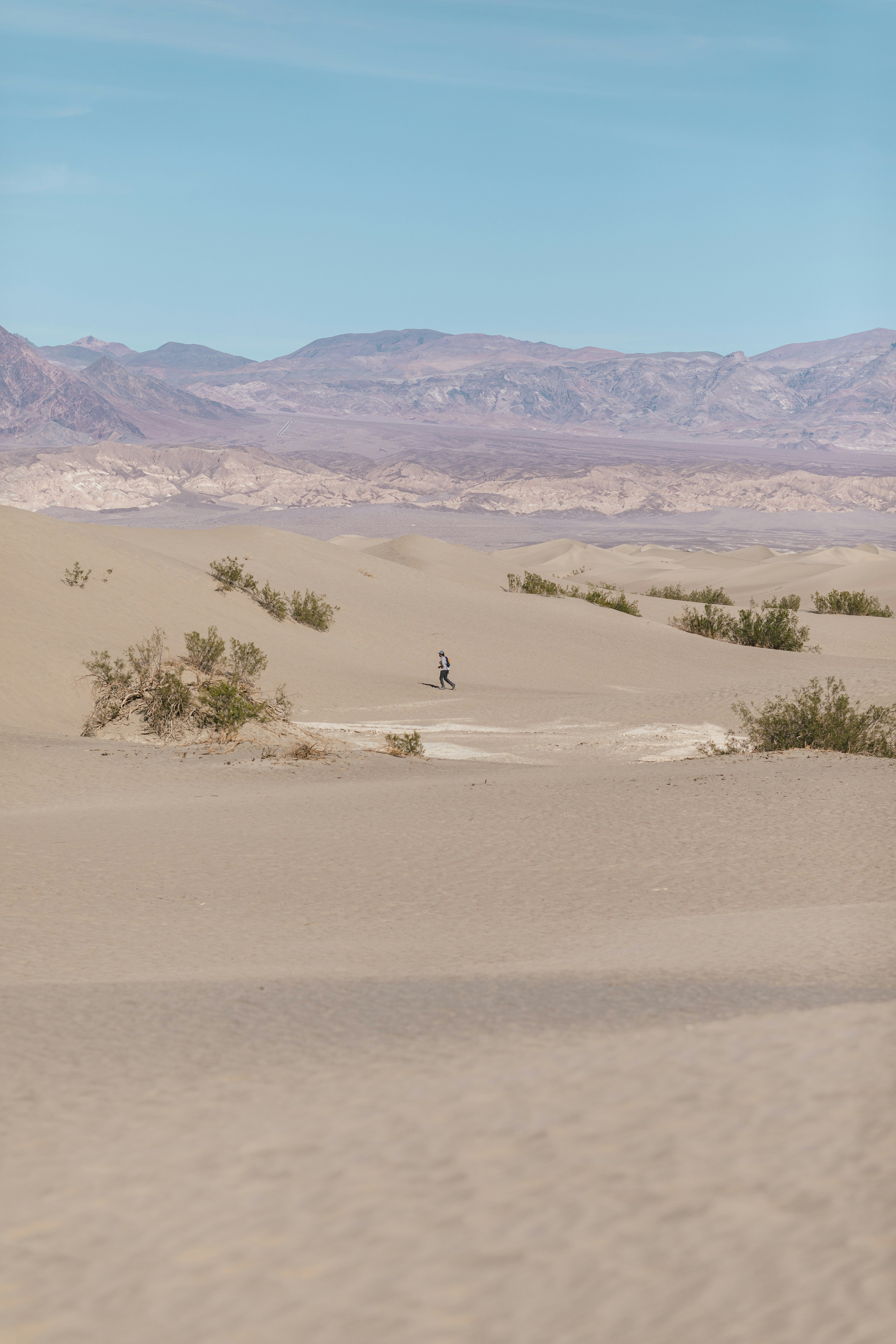 Dune Walk: A lone figure traverses wind-carved sands beneath a calm blue sky