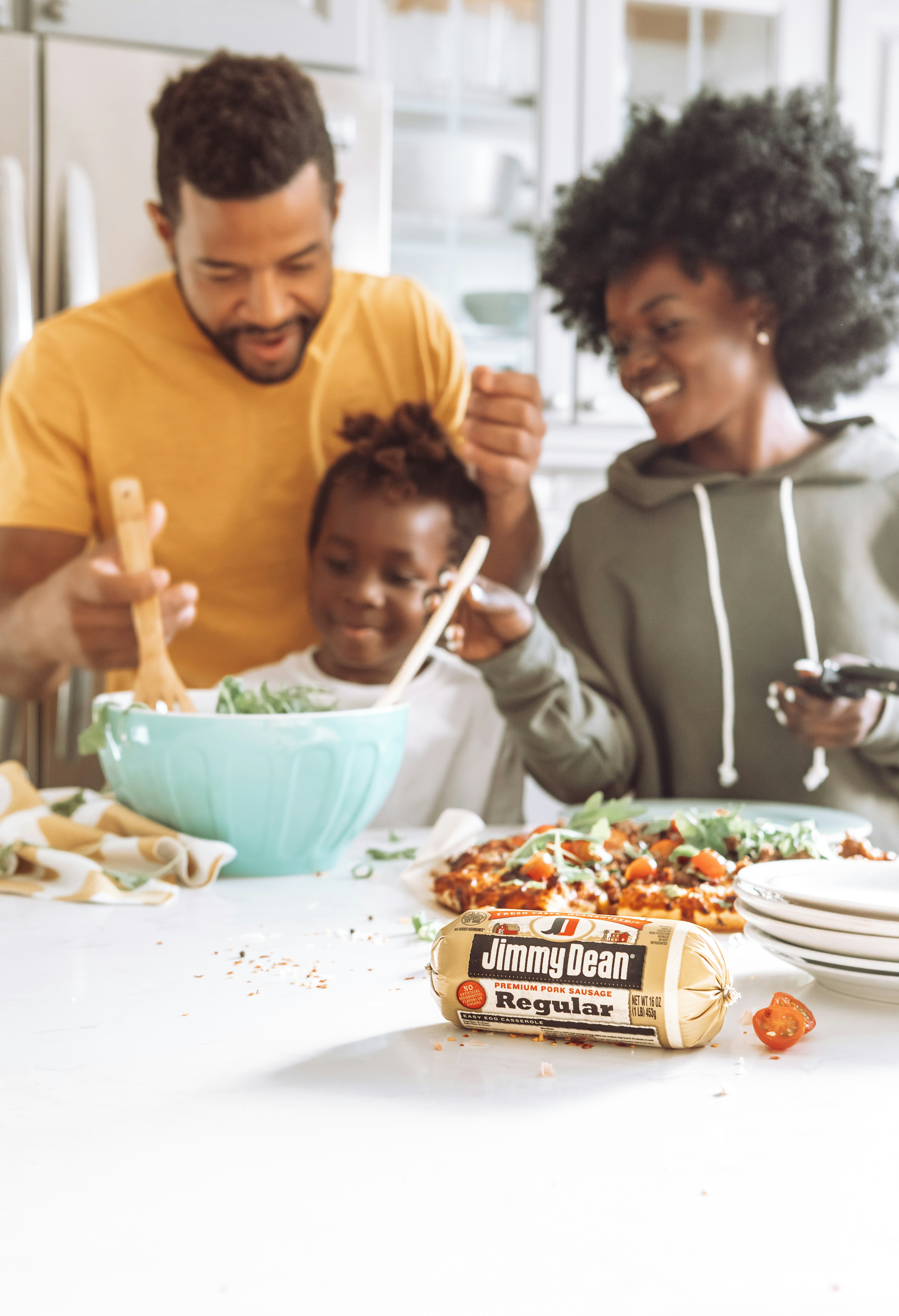 Foreground Flavor: A Family Moment Stirring Together in a Sunlit Kitchen