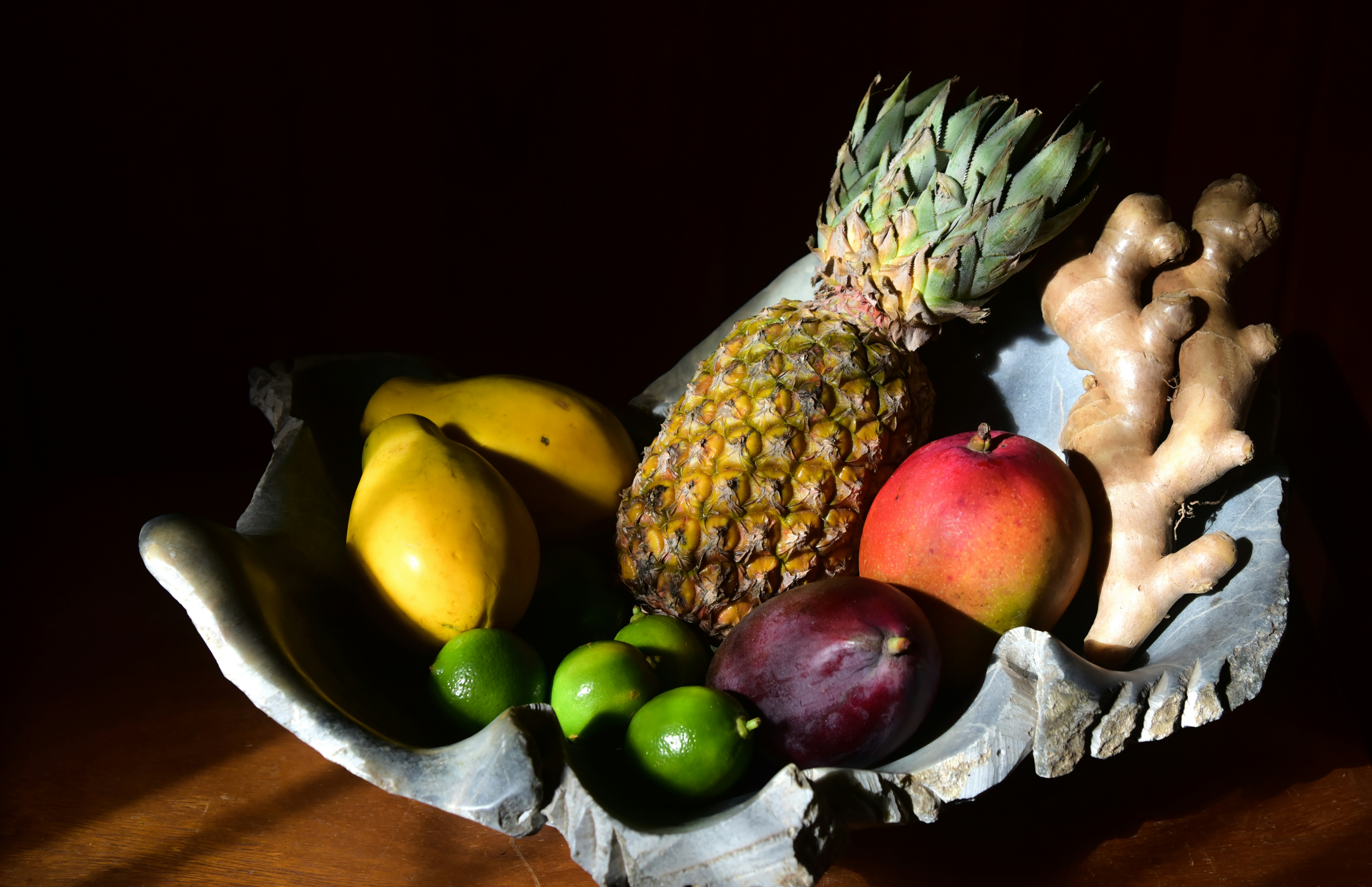 Sunlit Basket of Tropics: A Quiet Still Life with Pineapple and Ginger