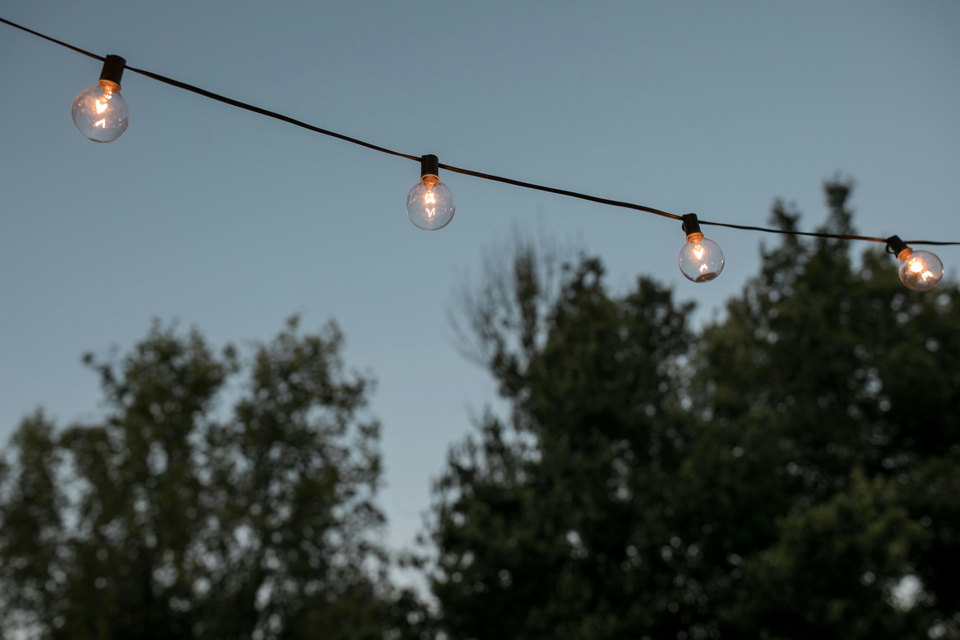 String lights illuminating a serene evening sky, framed by lush greenery. The soft glow creates an inviting atmosphere.