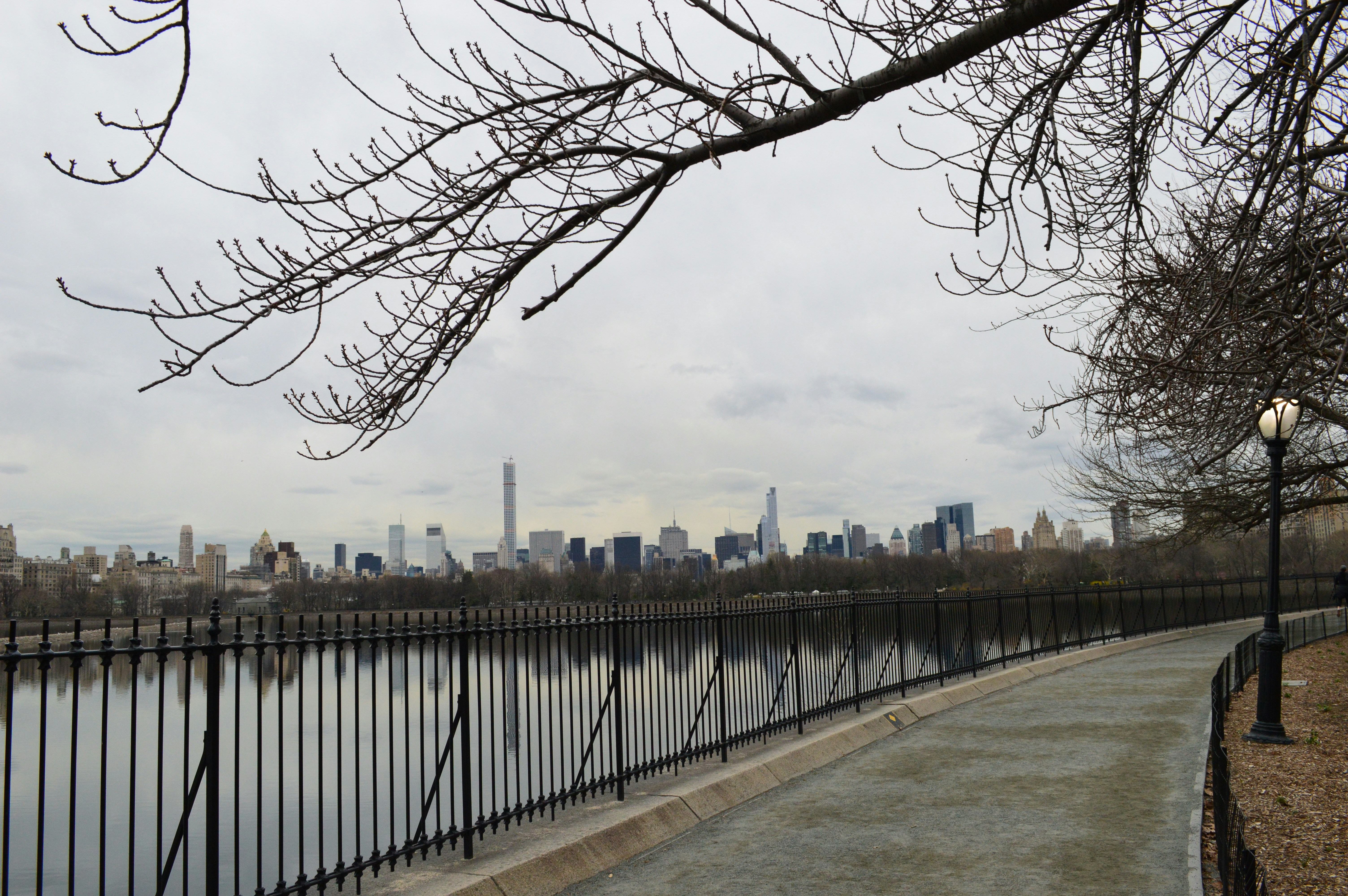 Riverside Promenade Framing a Distant City Skyline Under Gray Skies
