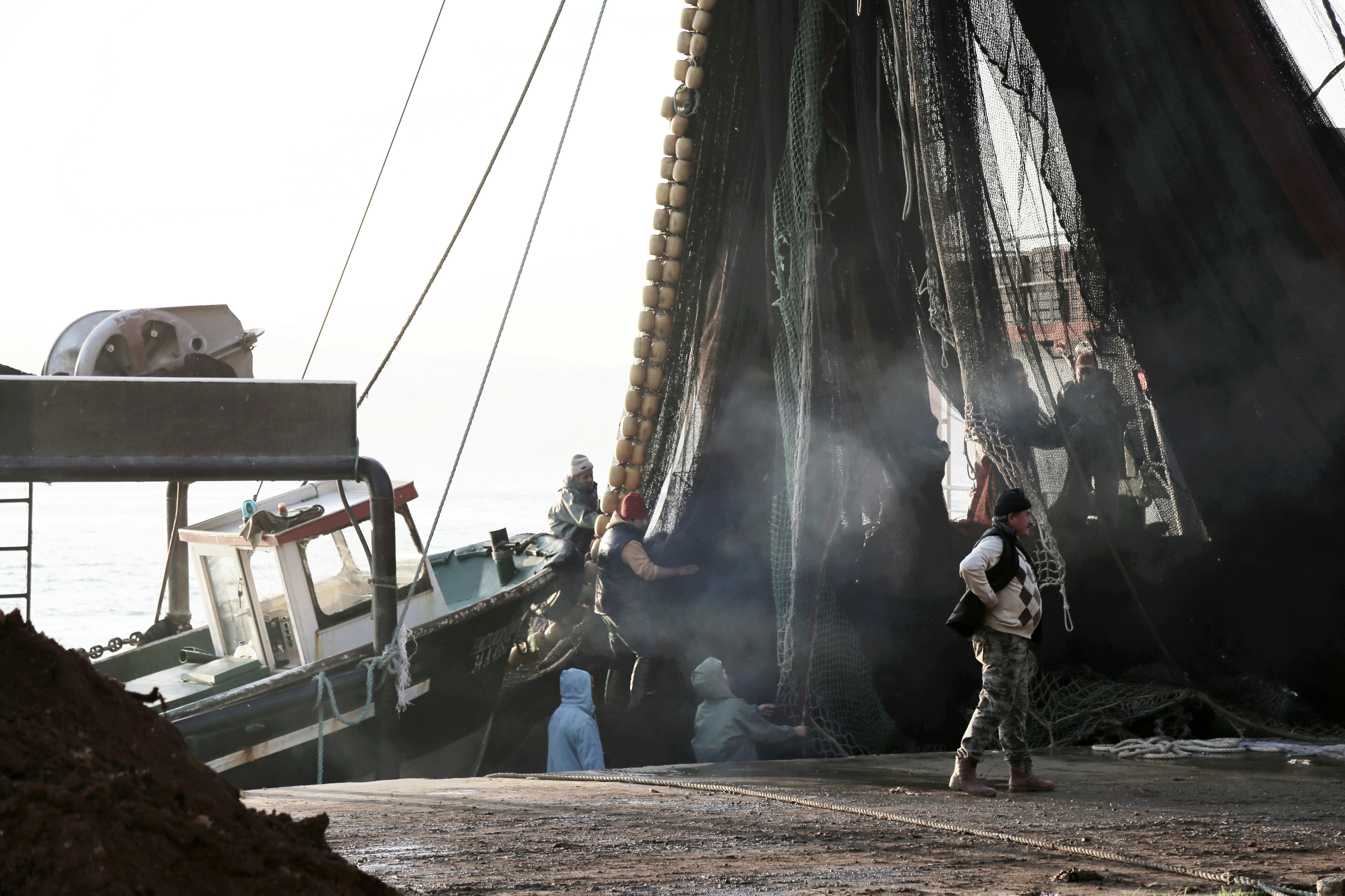 Fishermen working on a boat as they haul in nets, surrounded by mist and the sea's edge. The scene captures the essence of a coastal livelihood.