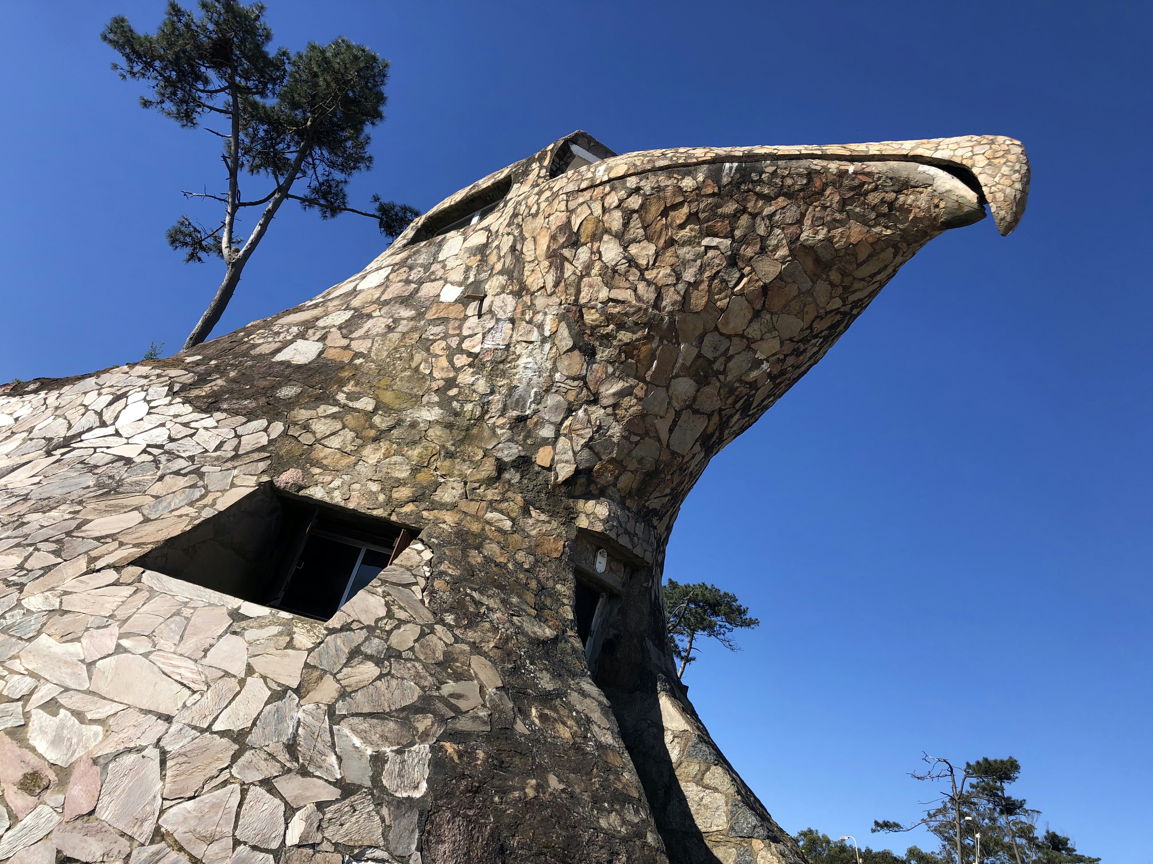 Curved Stone Facade Rising Toward a Cerulean Sky
