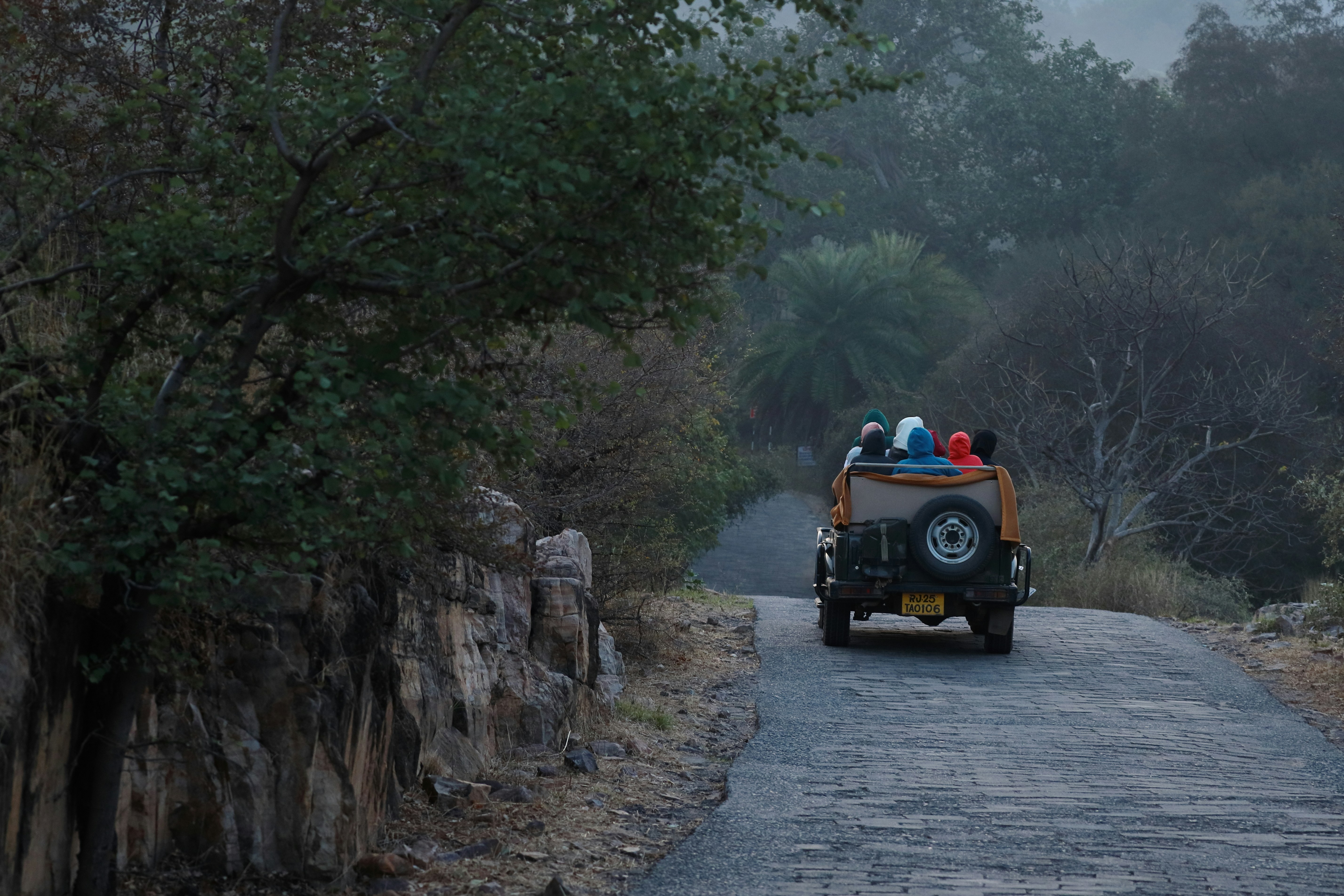 Vintage vehicle navigating a winding road surrounded by lush greenery and rocky terrain. The scene captures a moment of exploration and adventure.
