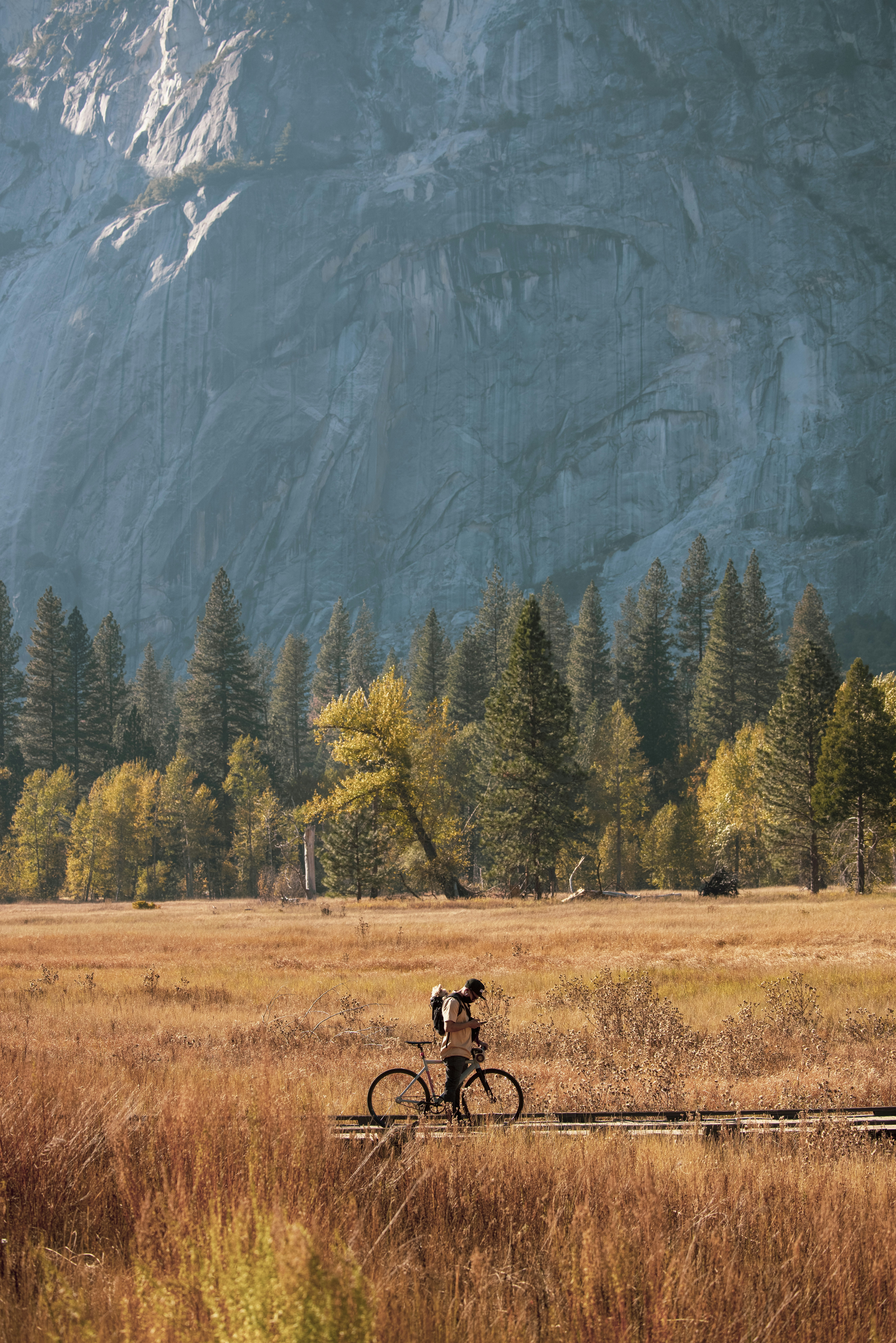 Rider and bicycle in a golden meadow beneath towering cliffs