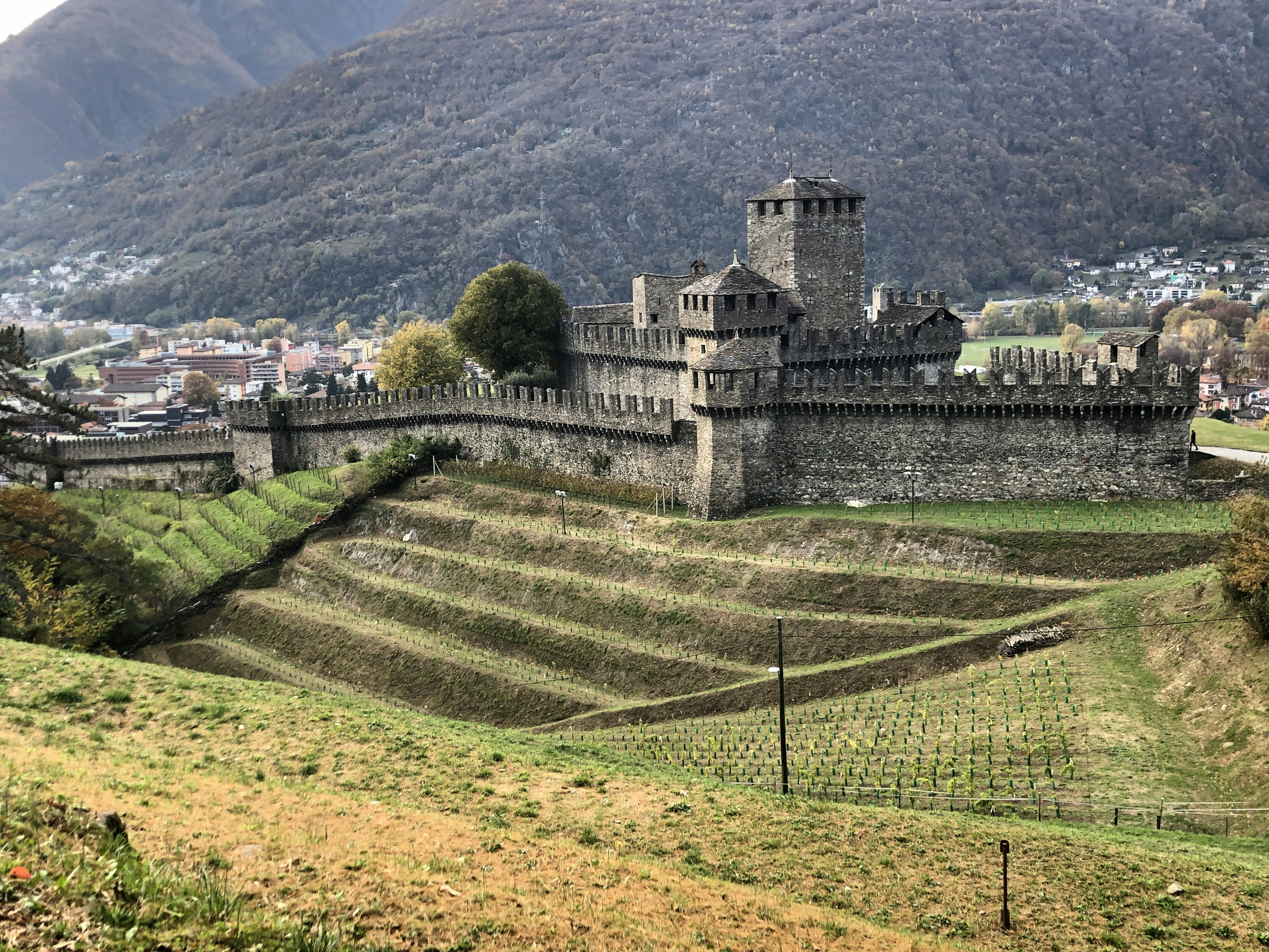 Montebello Castle stands majestically against a backdrop of rolling hills and autumn foliage in Bellinzona, Switzerland.