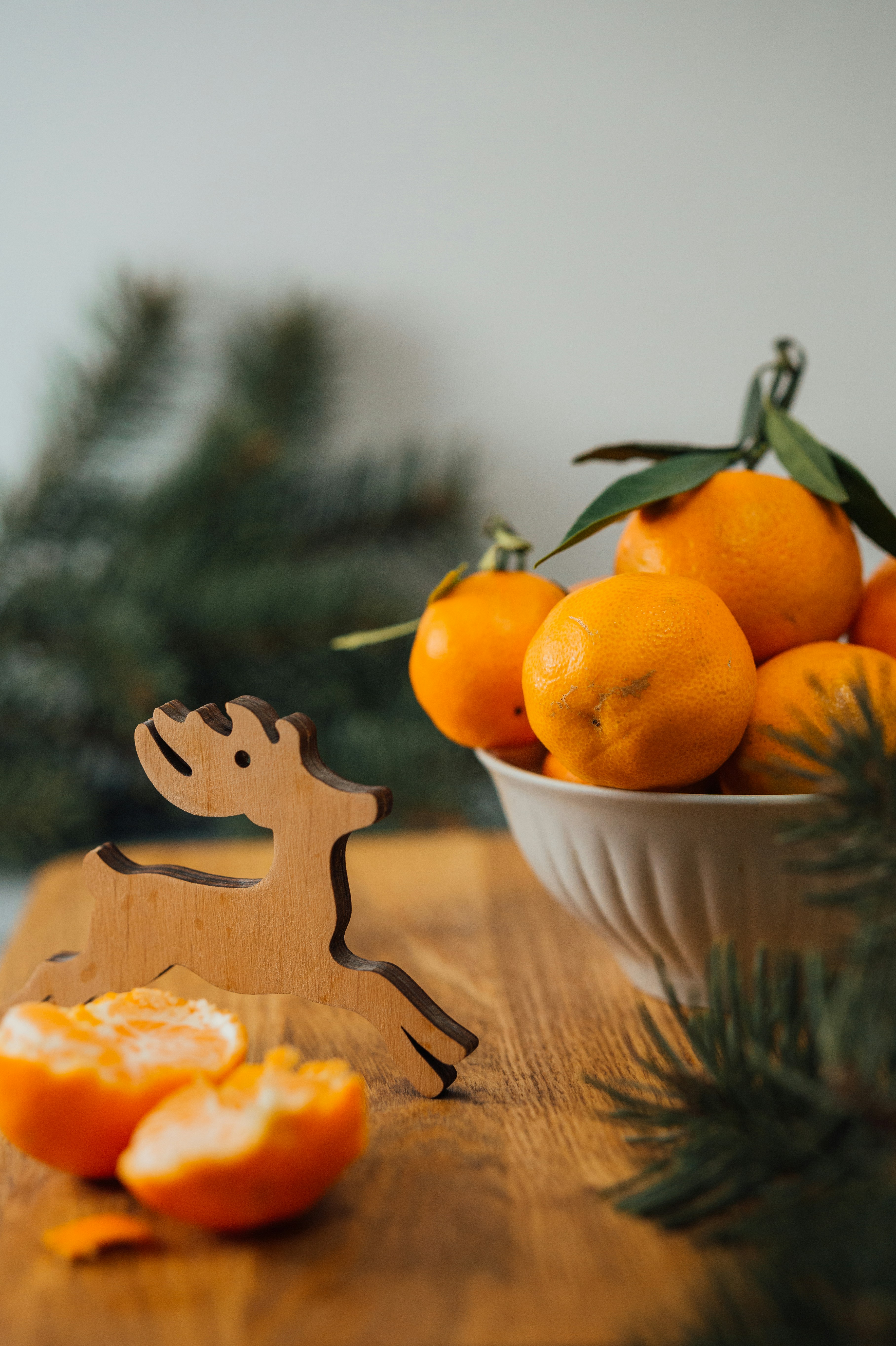 Orange Reverie: A Bowl of Citrus with a Wooden Dino