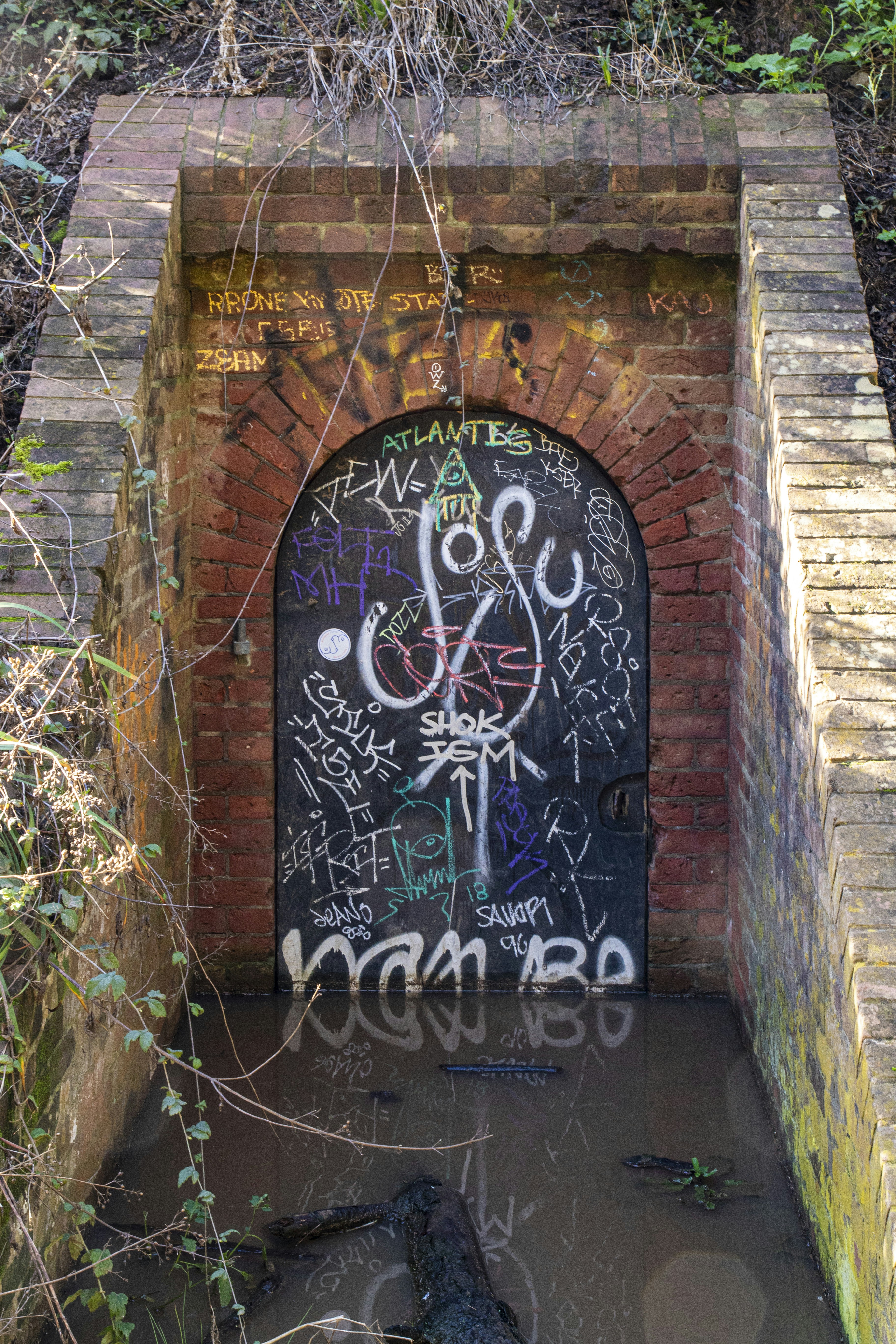 Graffiti Archway: Submerged Portal in a Brick Corridor