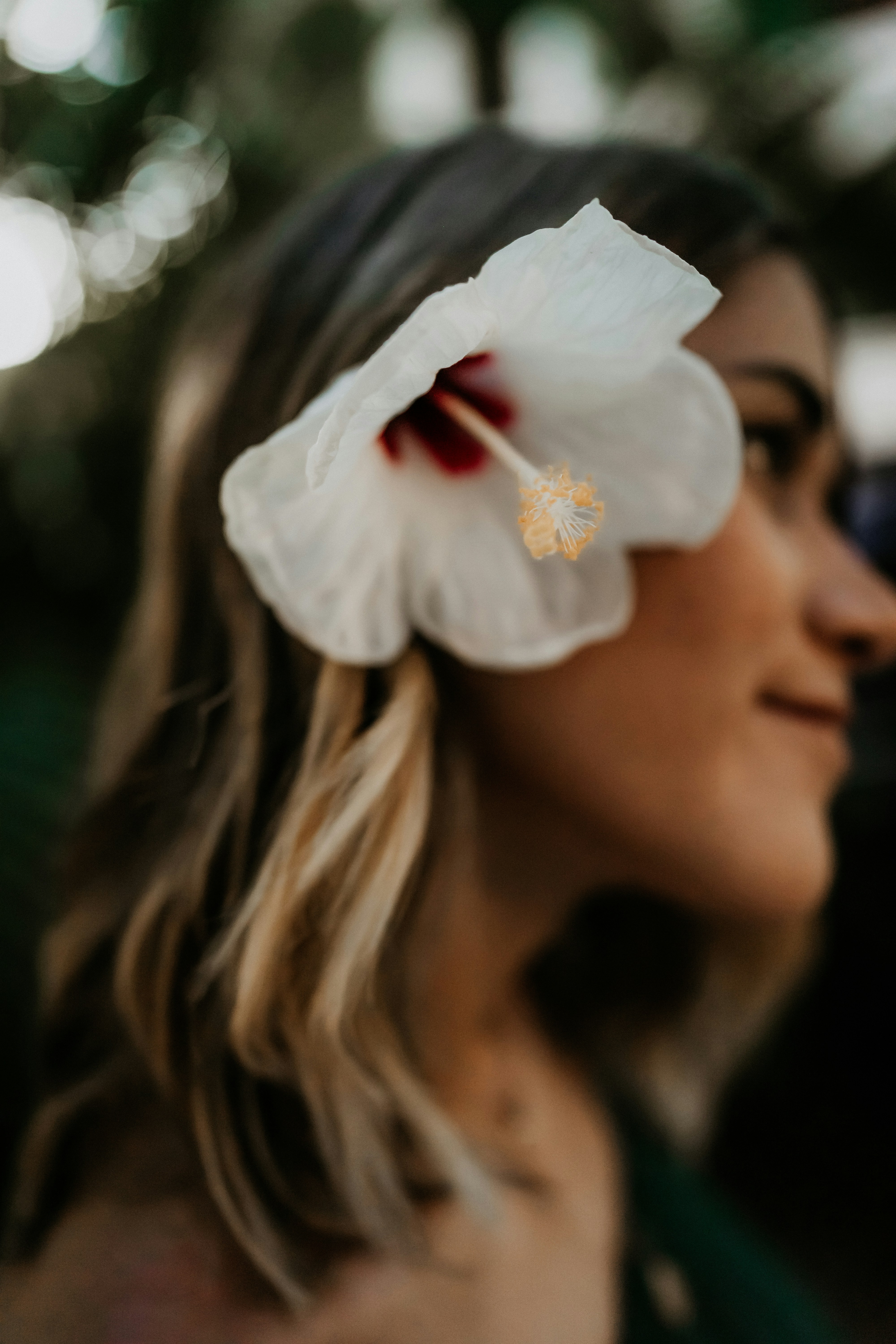 Hibiscus Halo: Soft Portrait with a White Petal Accent
