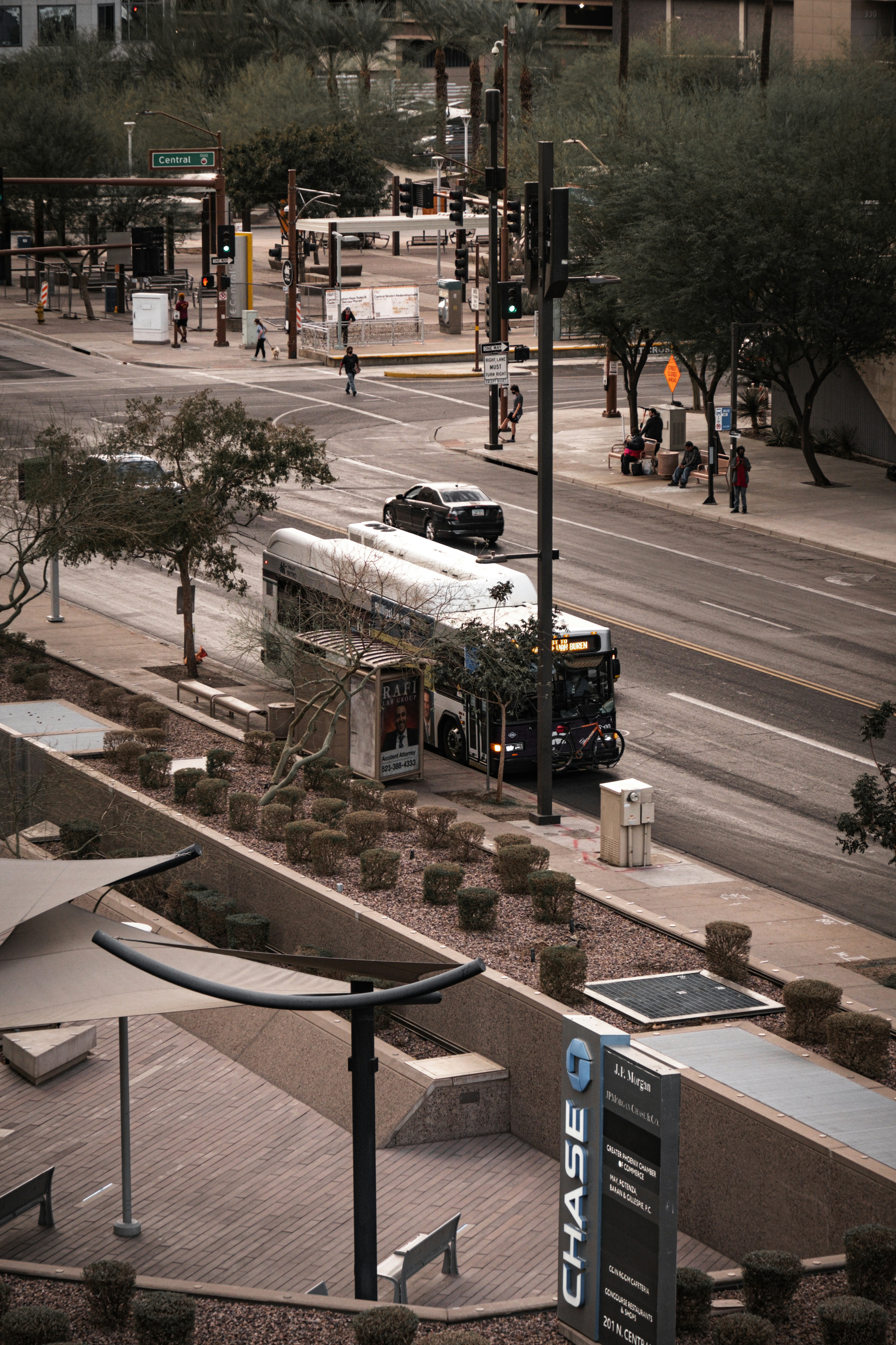 Urban Bus at the Crossing: A Moment Amid Grid and Greenery