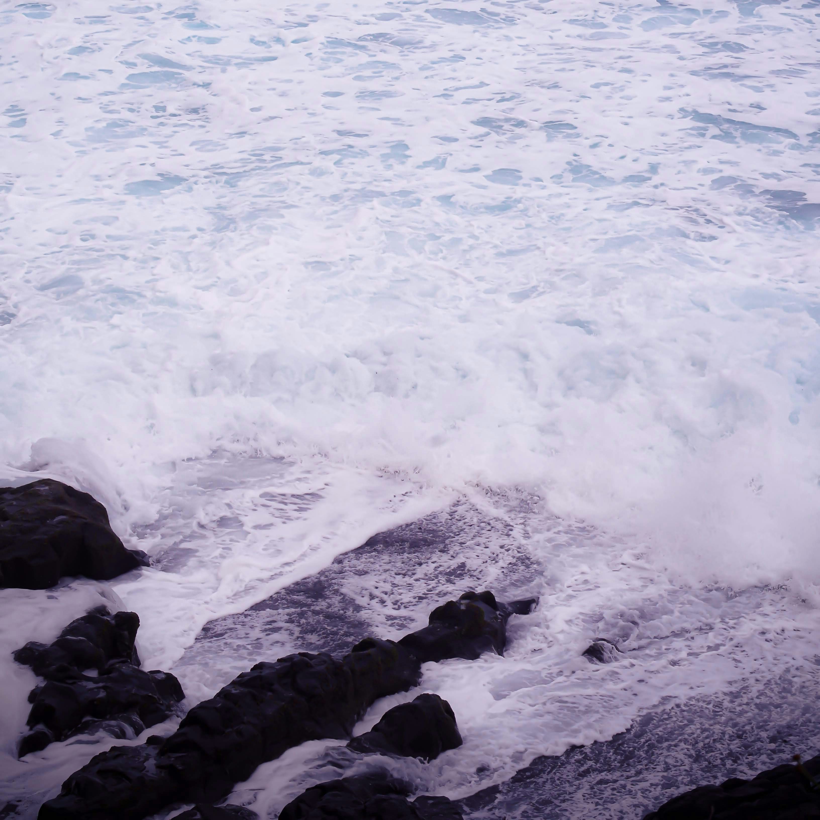 Foamy waves crashing against rugged black rocks along a coastal shore, capturing the dynamic interplay of water and land.
