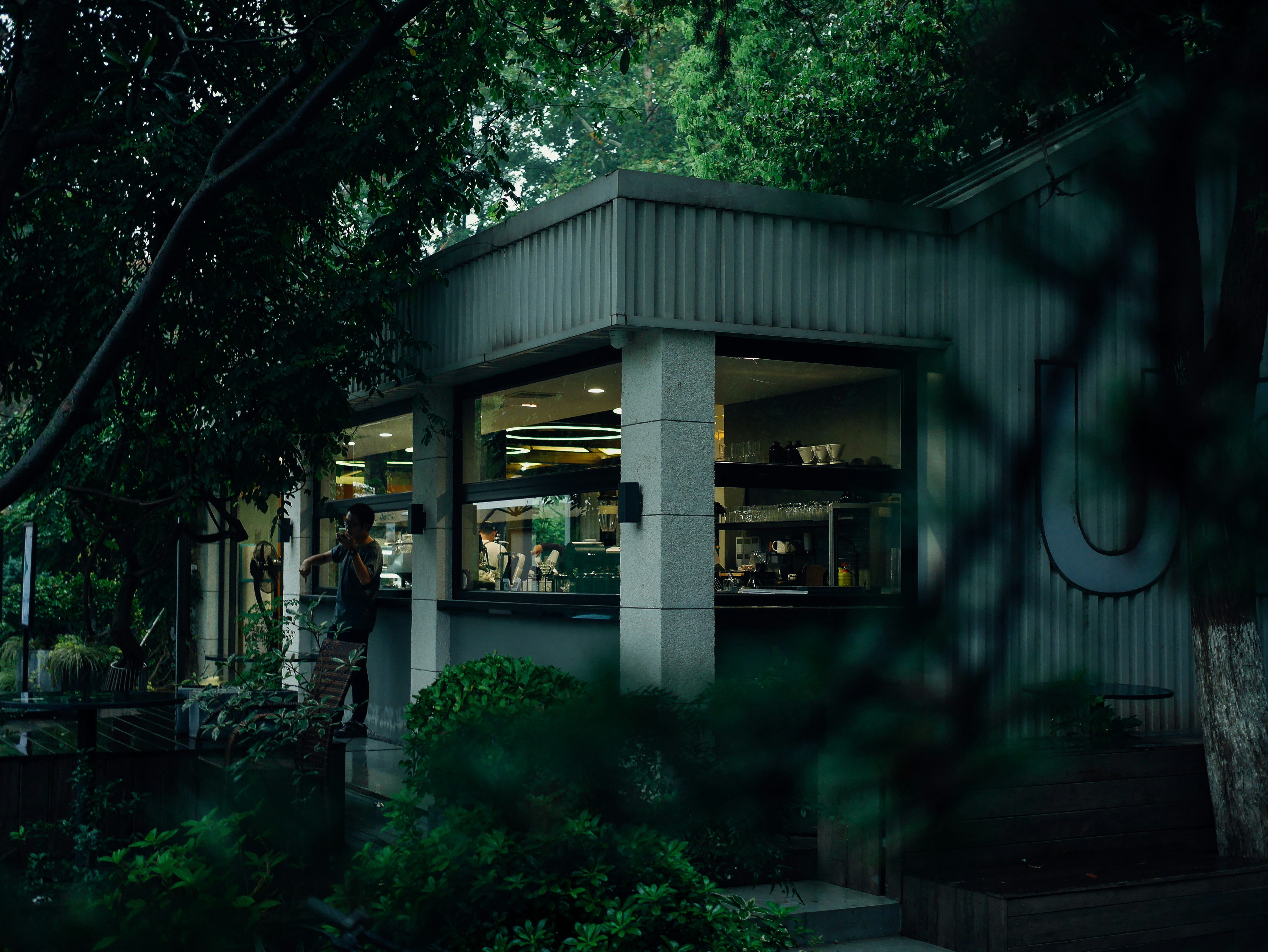 Gray building nestled among lush green trees, with large windows softly illuminated from within.