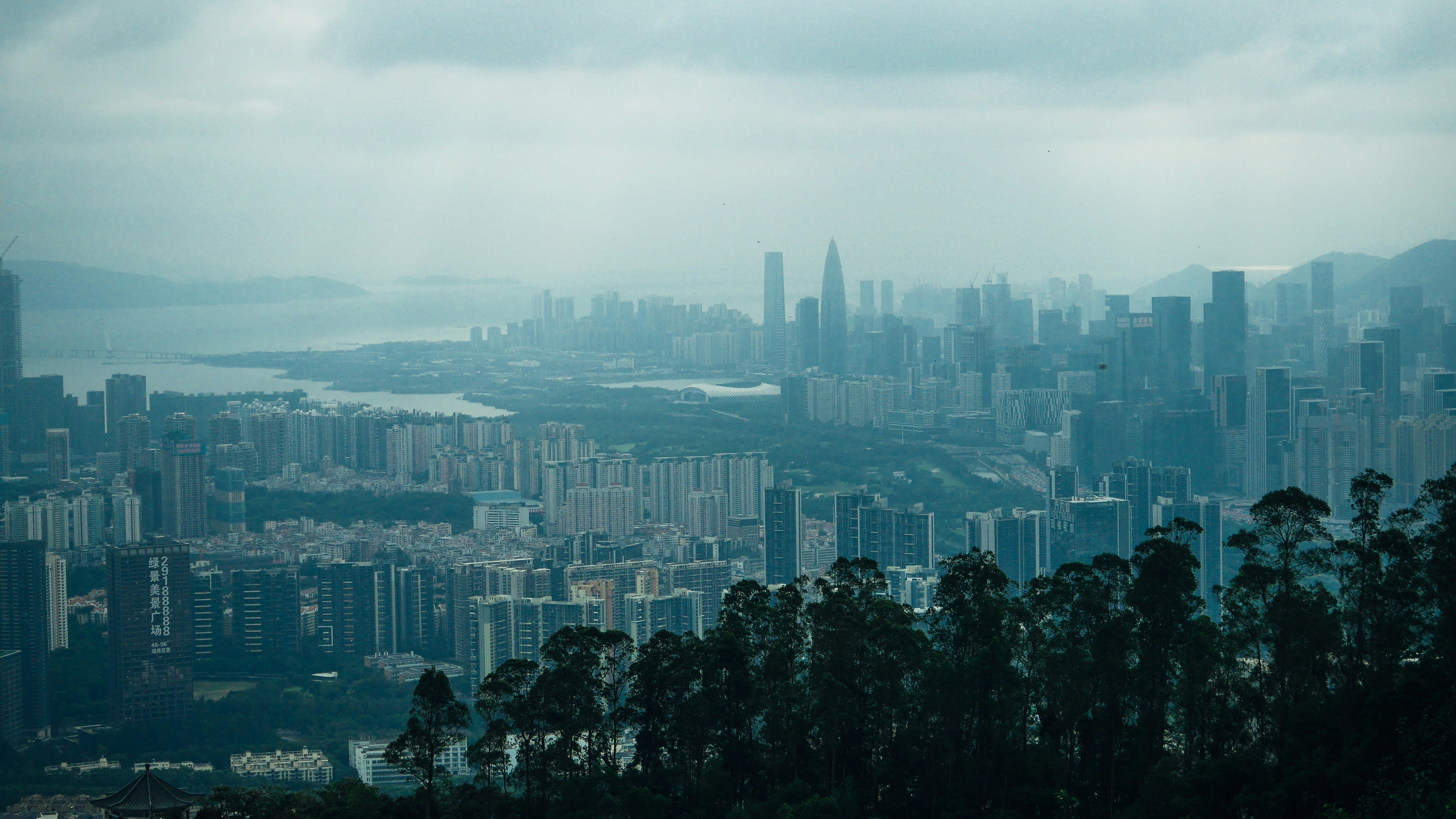 Urban skyline shrouded in mist, with distant skyscrapers fading into a cloudy sky.