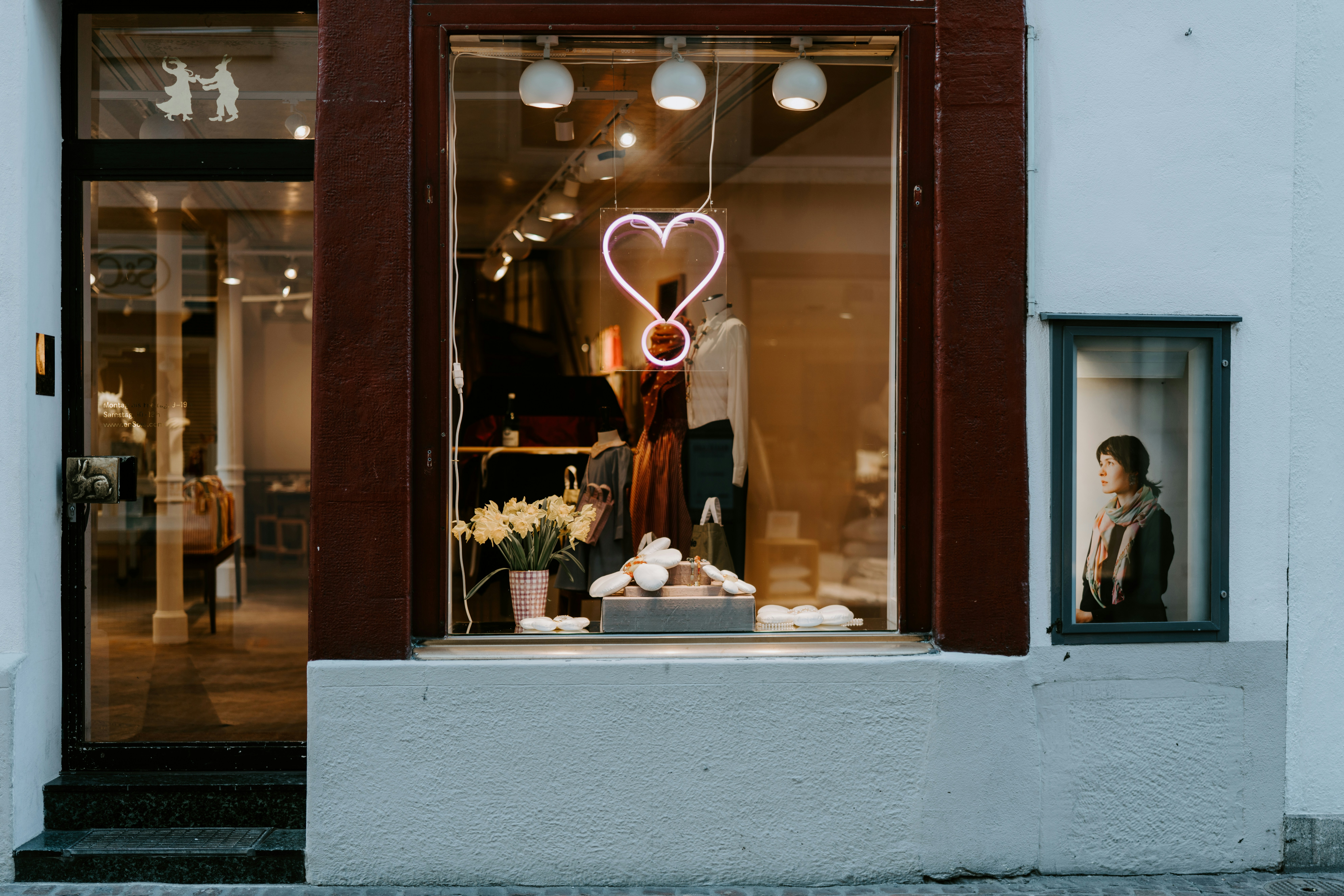 Neon Heart in a Quiet Window: Florals, Shoes, and a Street Portrait