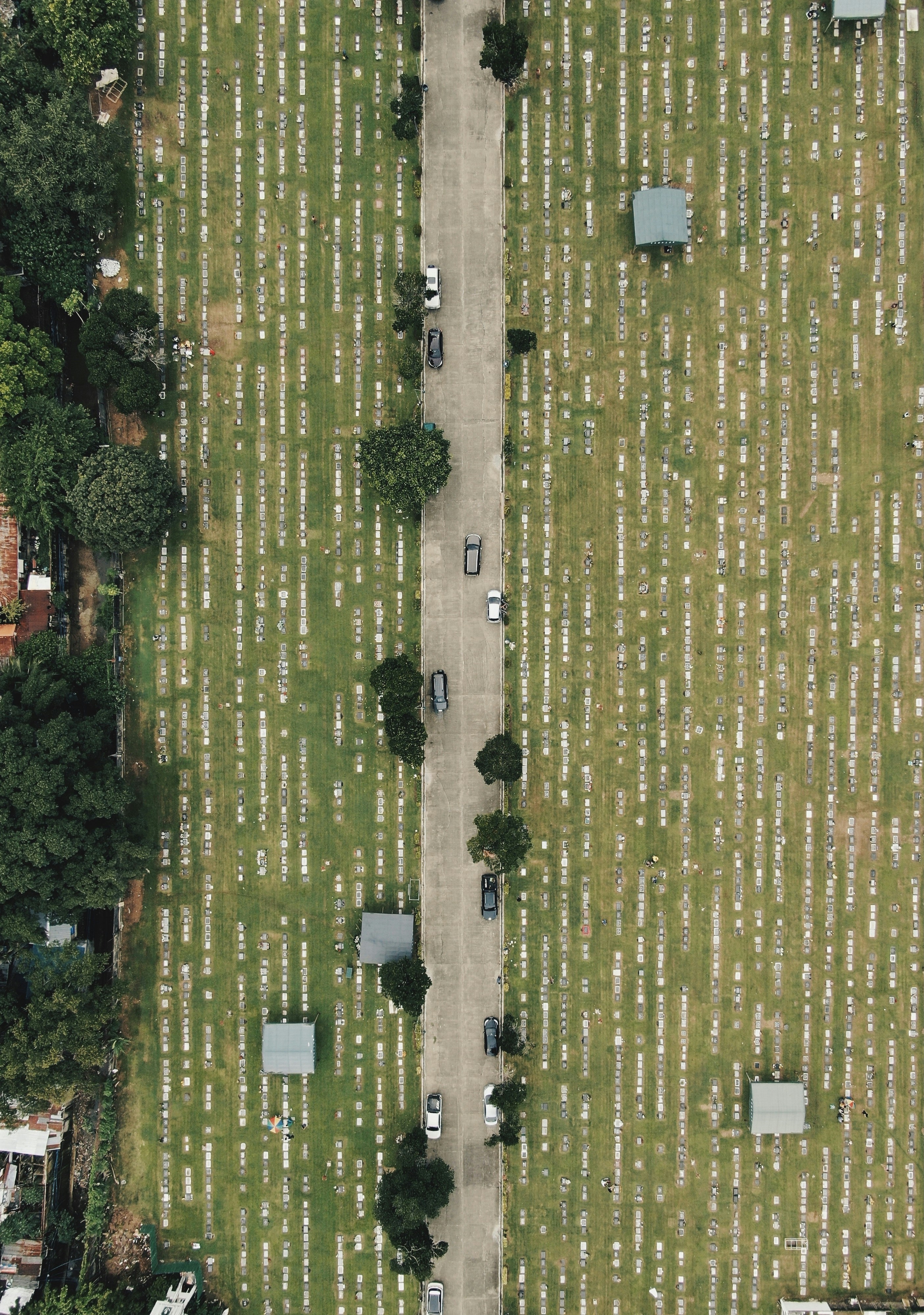 Aerial view of a cemetery showcasing rows of gravestones and a central pathway, surrounded by greenery and structures. A serene and contemplative scene.