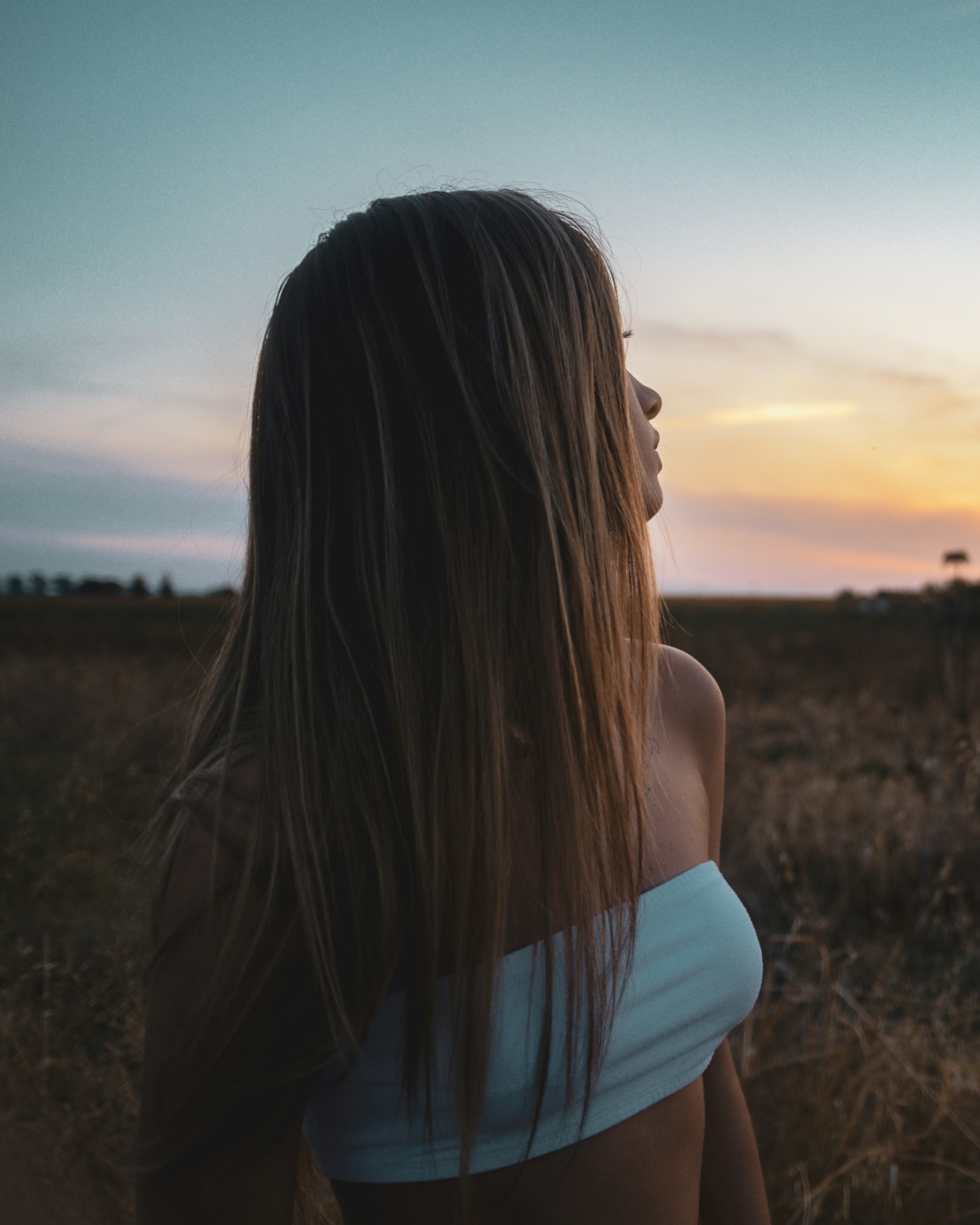 A young woman gazes into the horizon, her hair gently swaying in the evening breeze against a backdrop of a colorful sunset over a tranquil field.