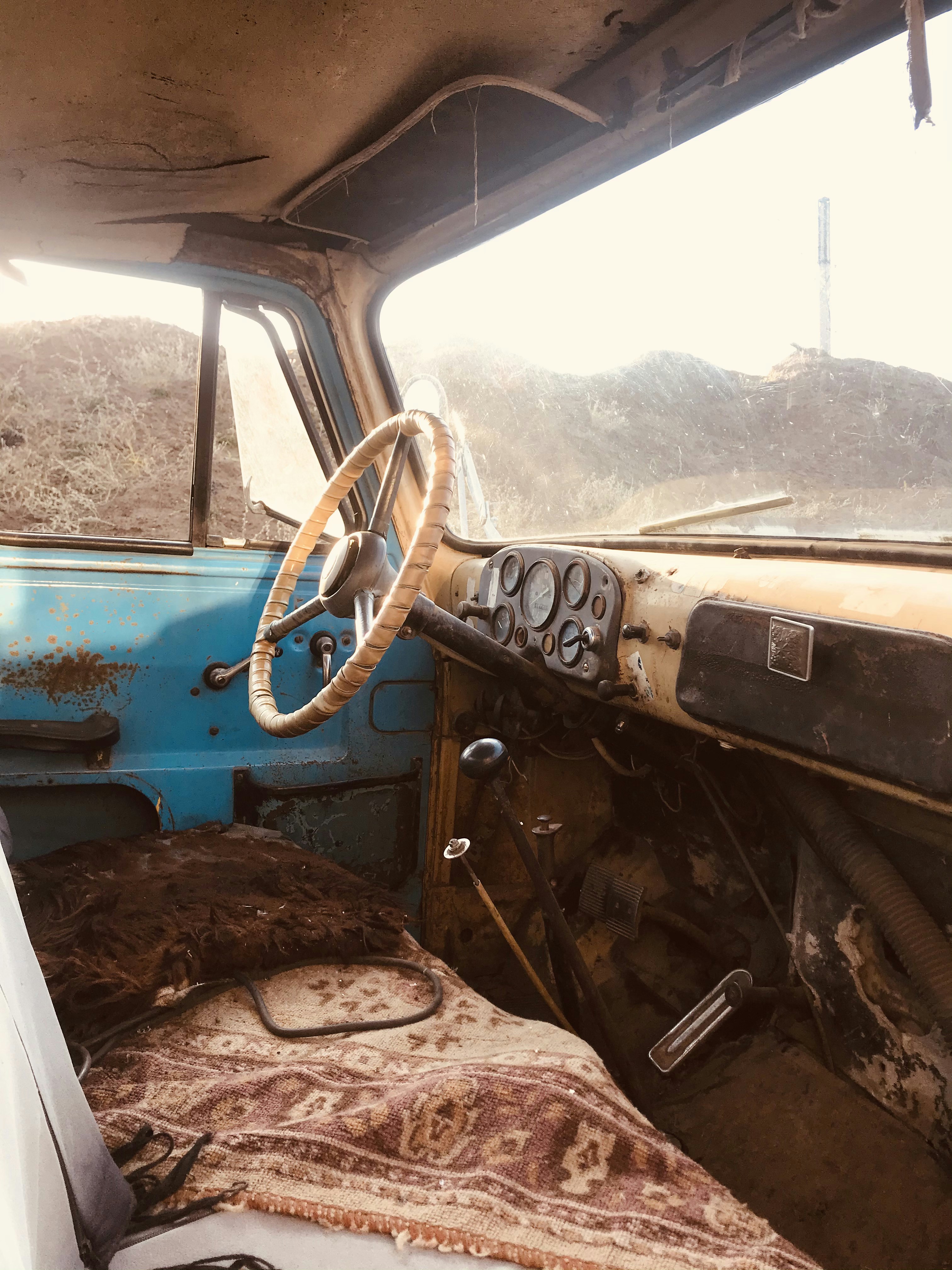 blue and white car interior