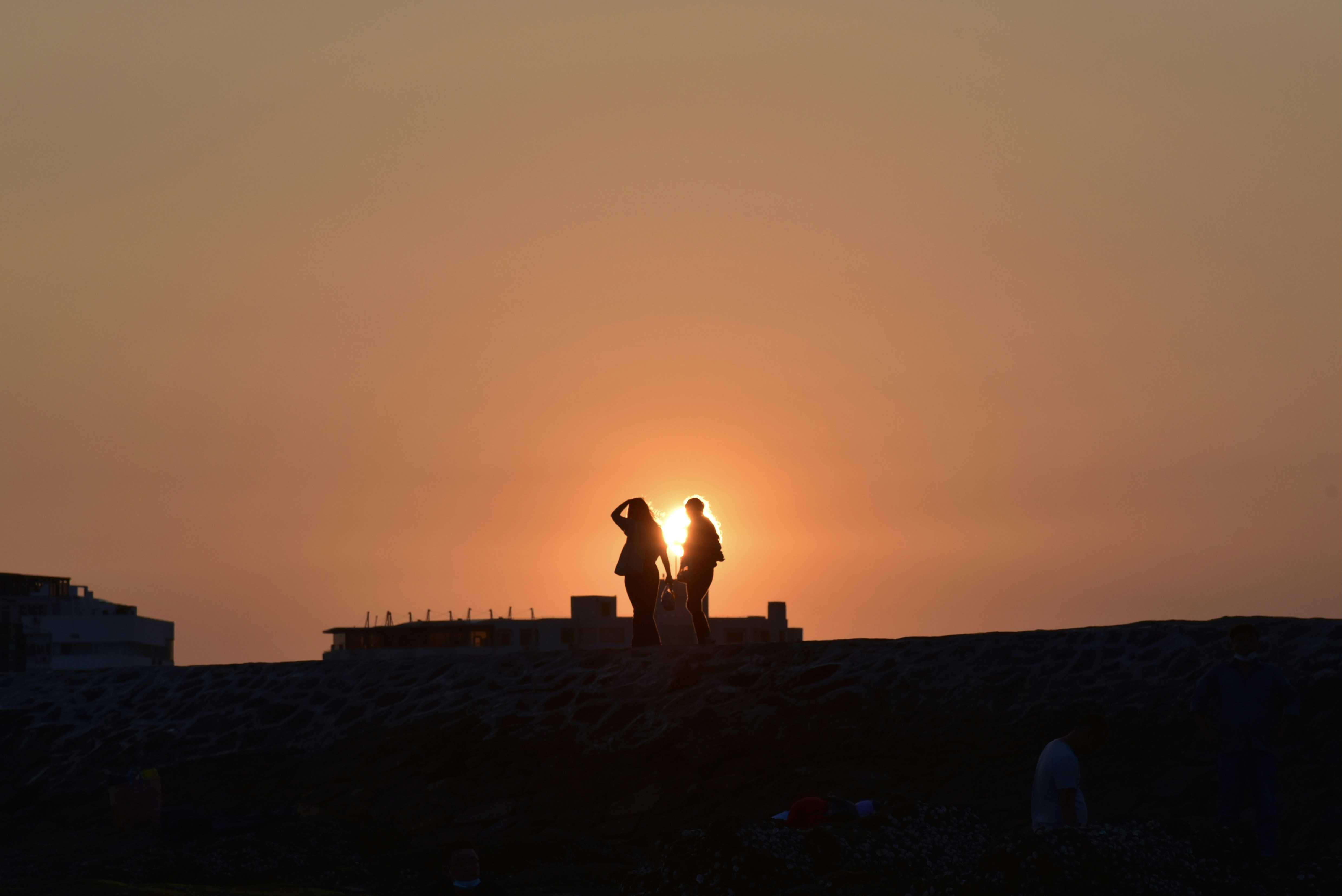 Silhouetted Duo at the Horizon: Sunset on the Seaside Dune