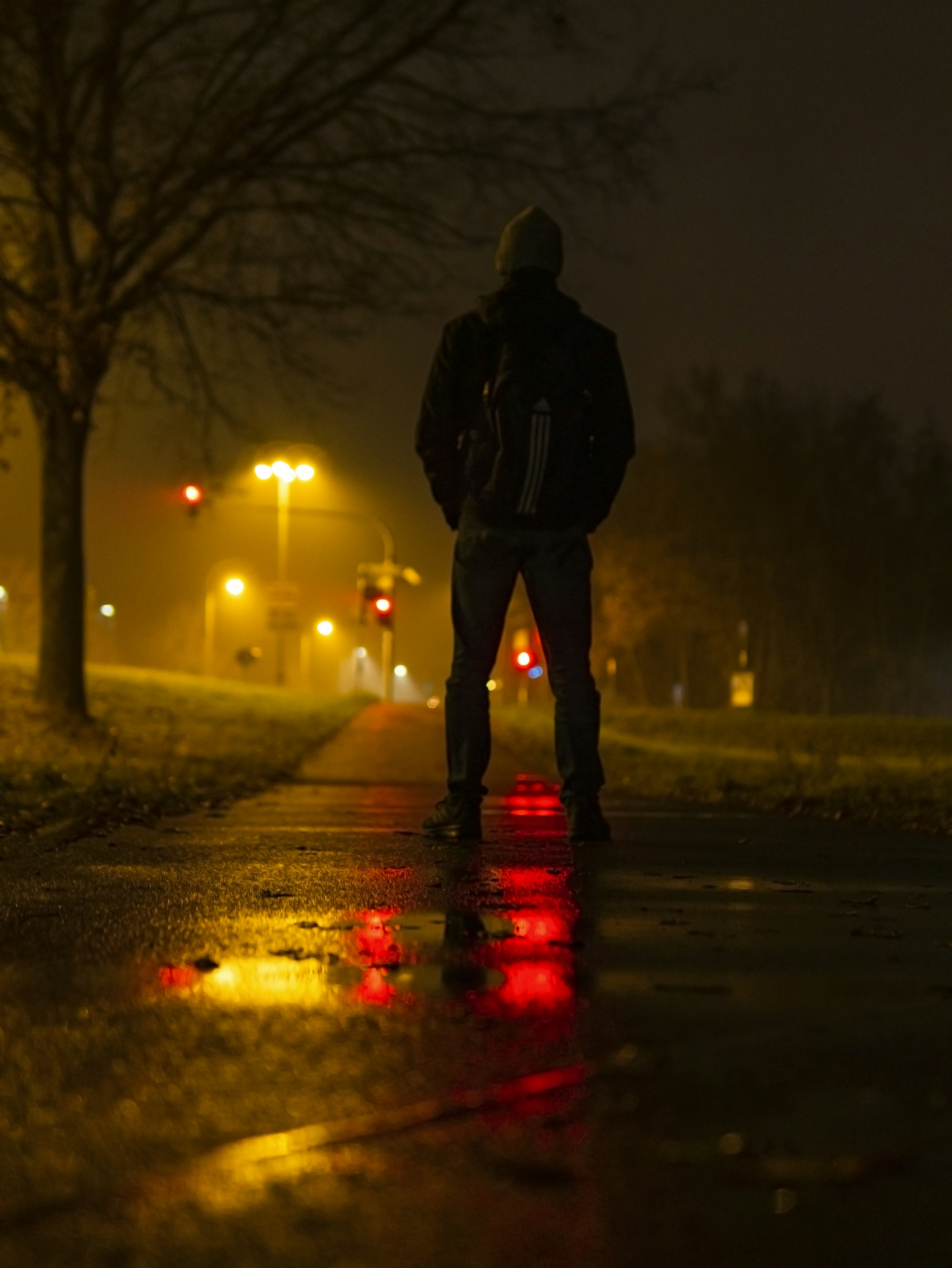 A lone figure stands on a wet pathway, illuminated by streetlights and traffic signals, creating a moody atmosphere. The reflections on the ground enhance the sense of isolation.