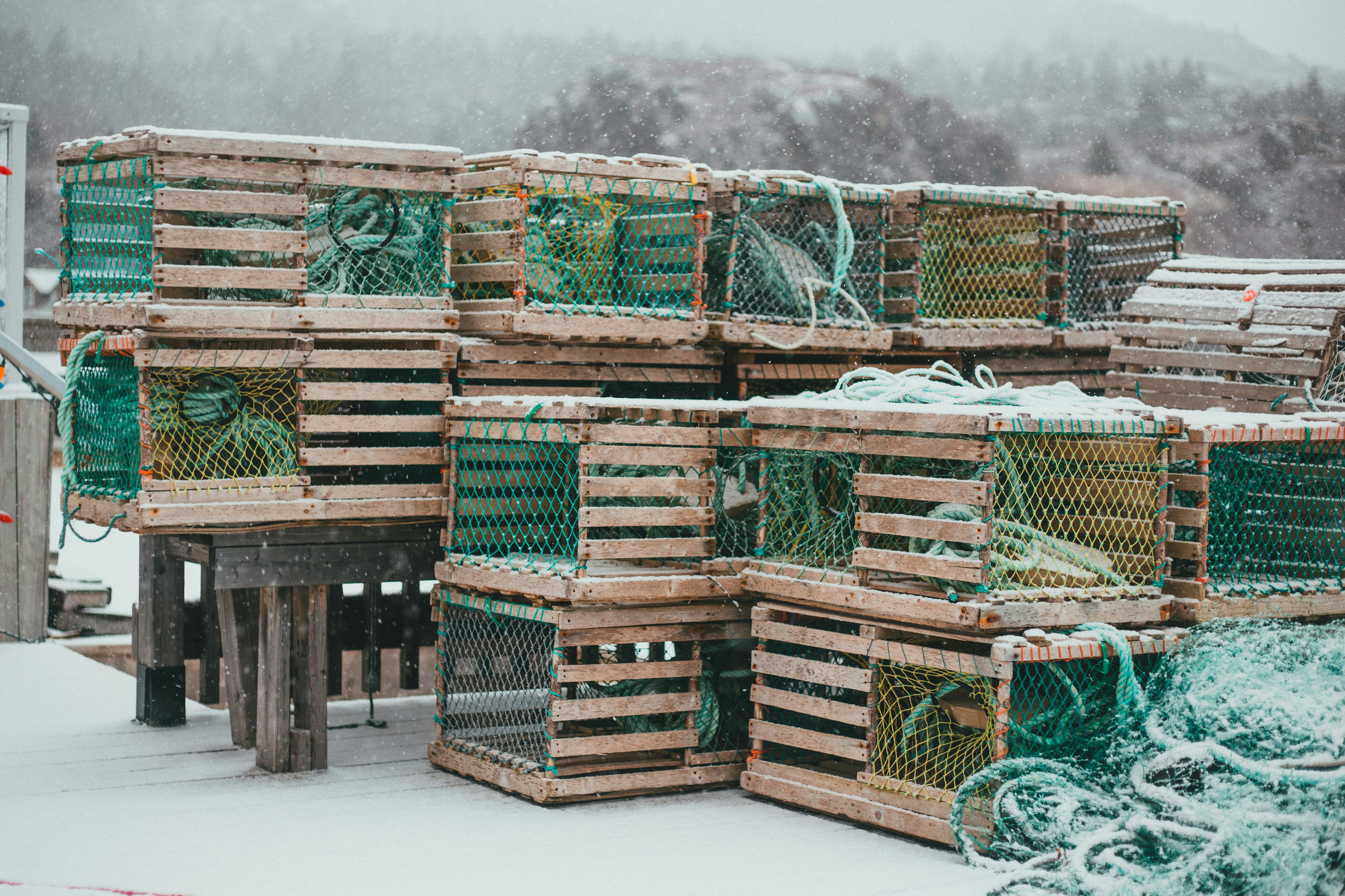 Snowbound Crate Fortress: Pallet-Stacked Islands by the Docks