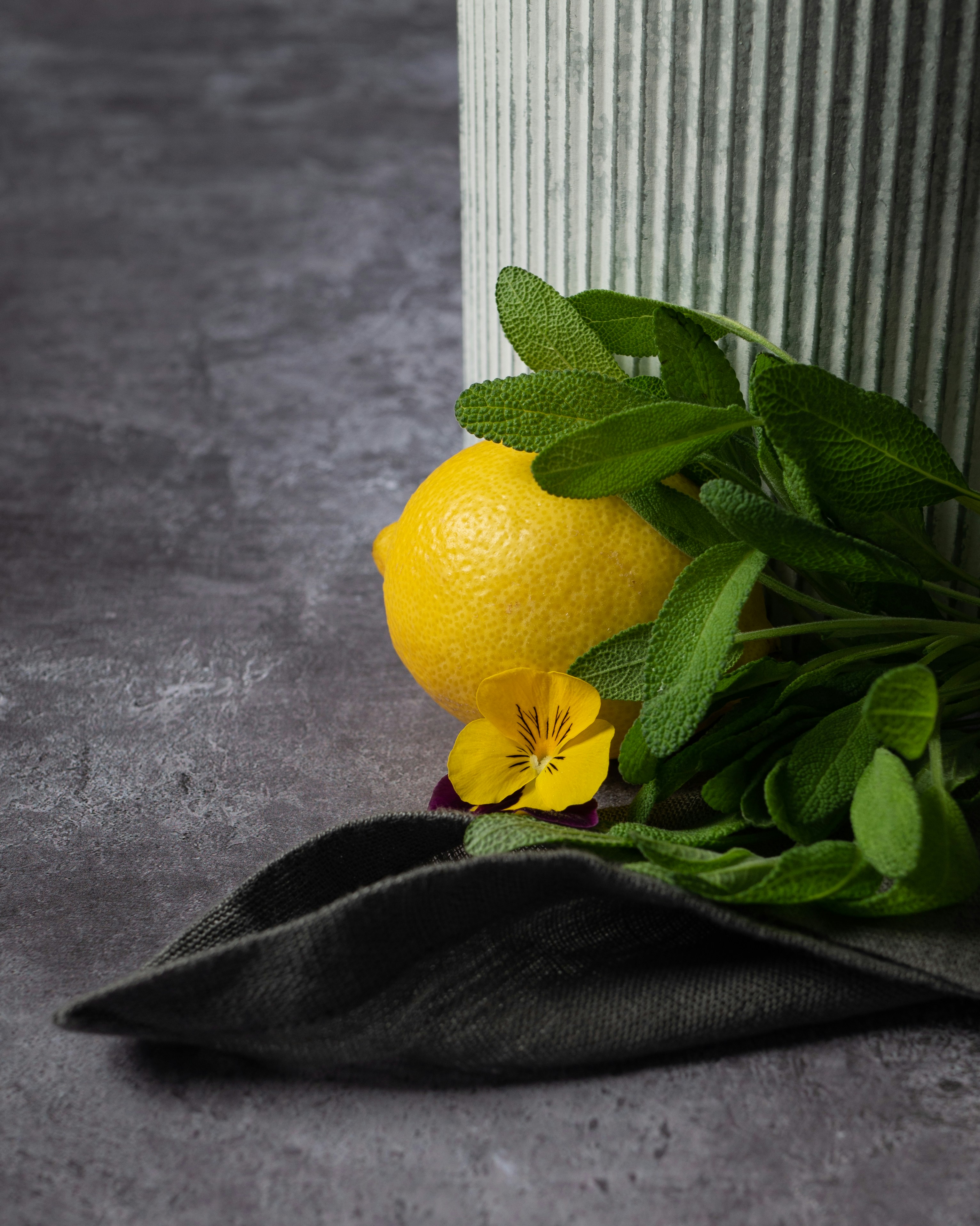 A vibrant lemon accompanied by fresh herbs and a delicate flower, set against a textured gray background. The arrangement highlights the beauty of natural ingredients.