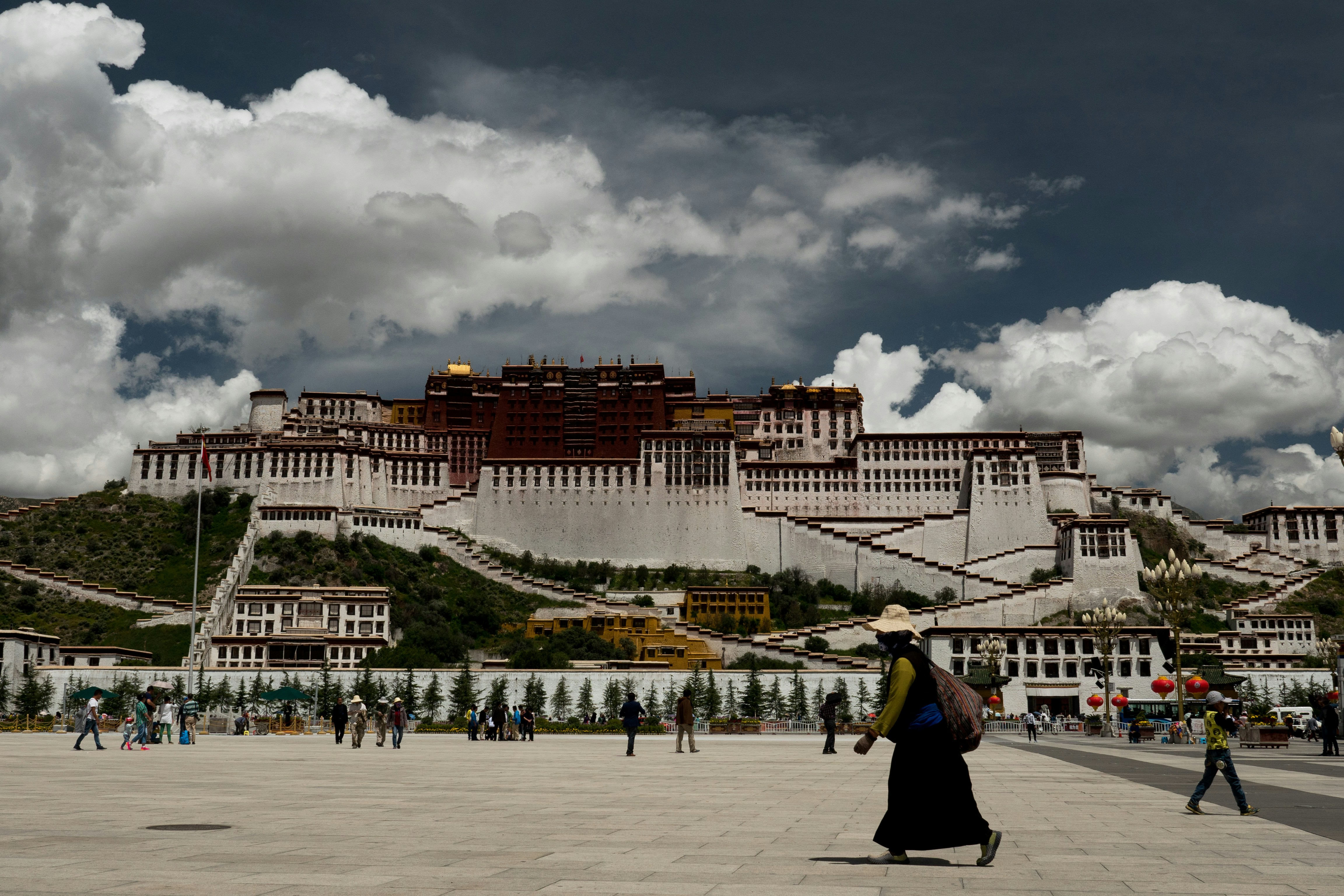 Potala Palace Time Lapse. Dalai lama place. Lhasa, Tibet. The building measures 400 metres east-west and 350 metres north-south, with sloping stone walls averaging 3 m. thick, and 5 m. more than 16 ft thick at the base