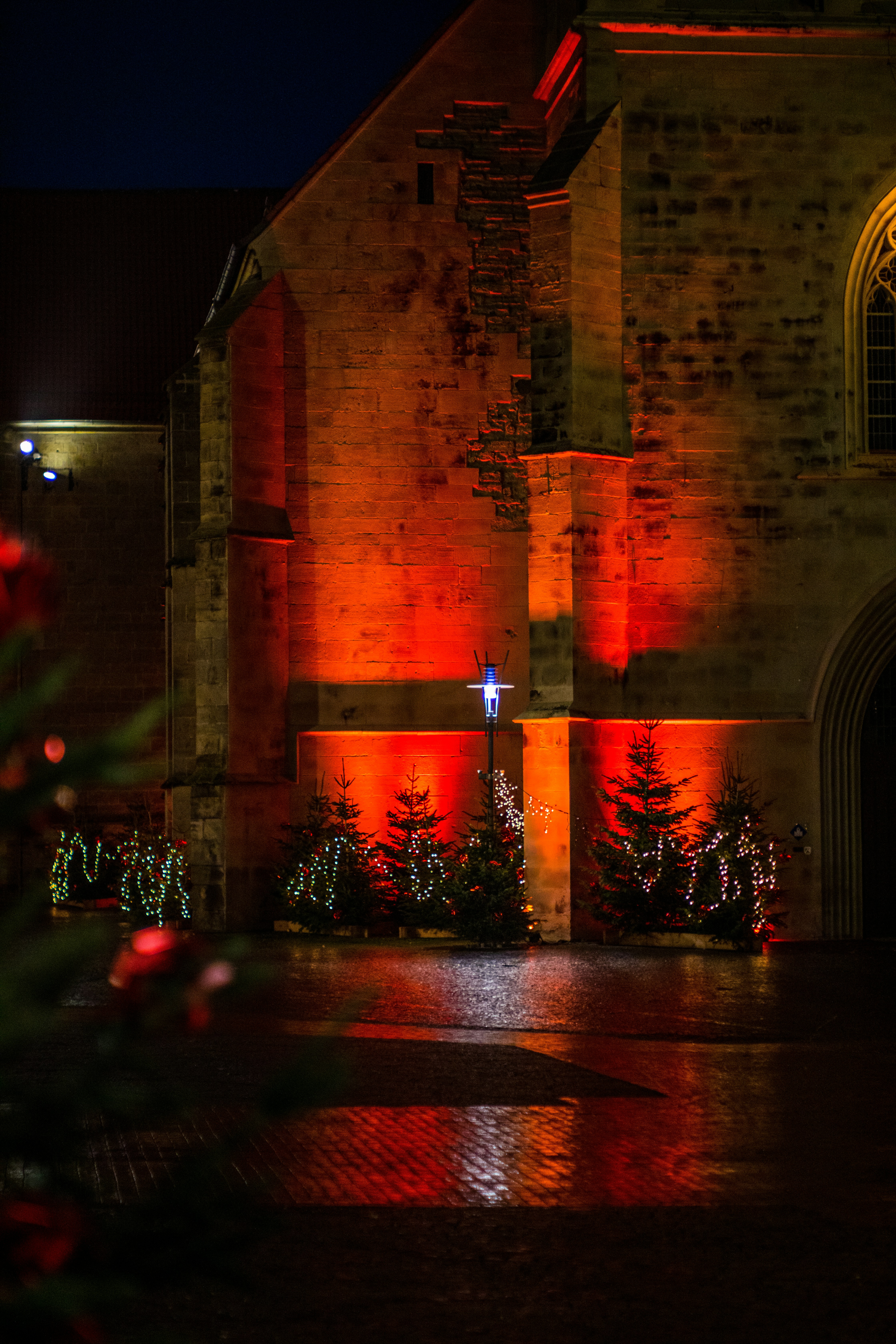 Warm red and orange lights illuminate a historic stone building with Christmas trees adorned in white lights.