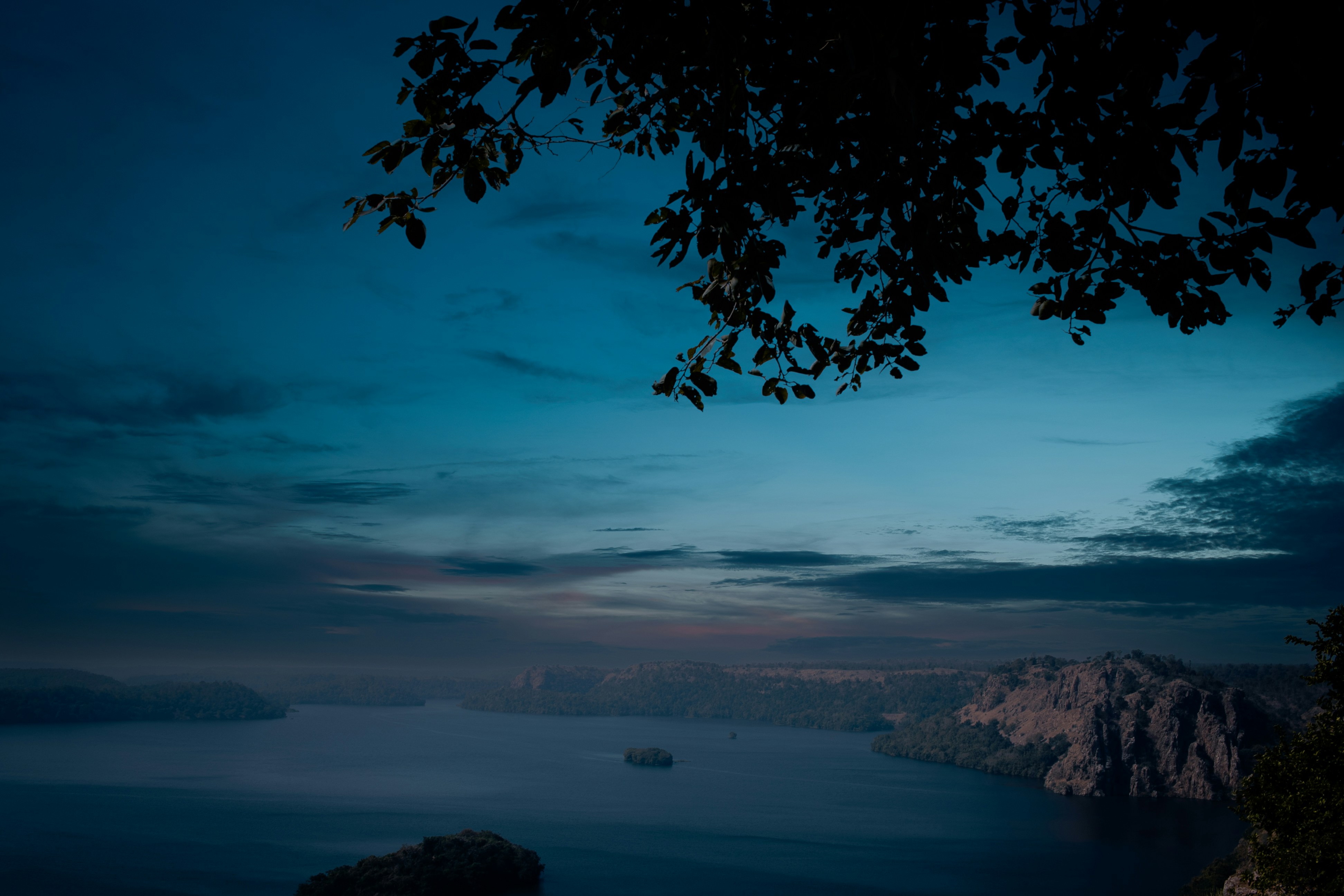Silhouetted tree branches frame a tranquil lake under a deep blue twilight sky.