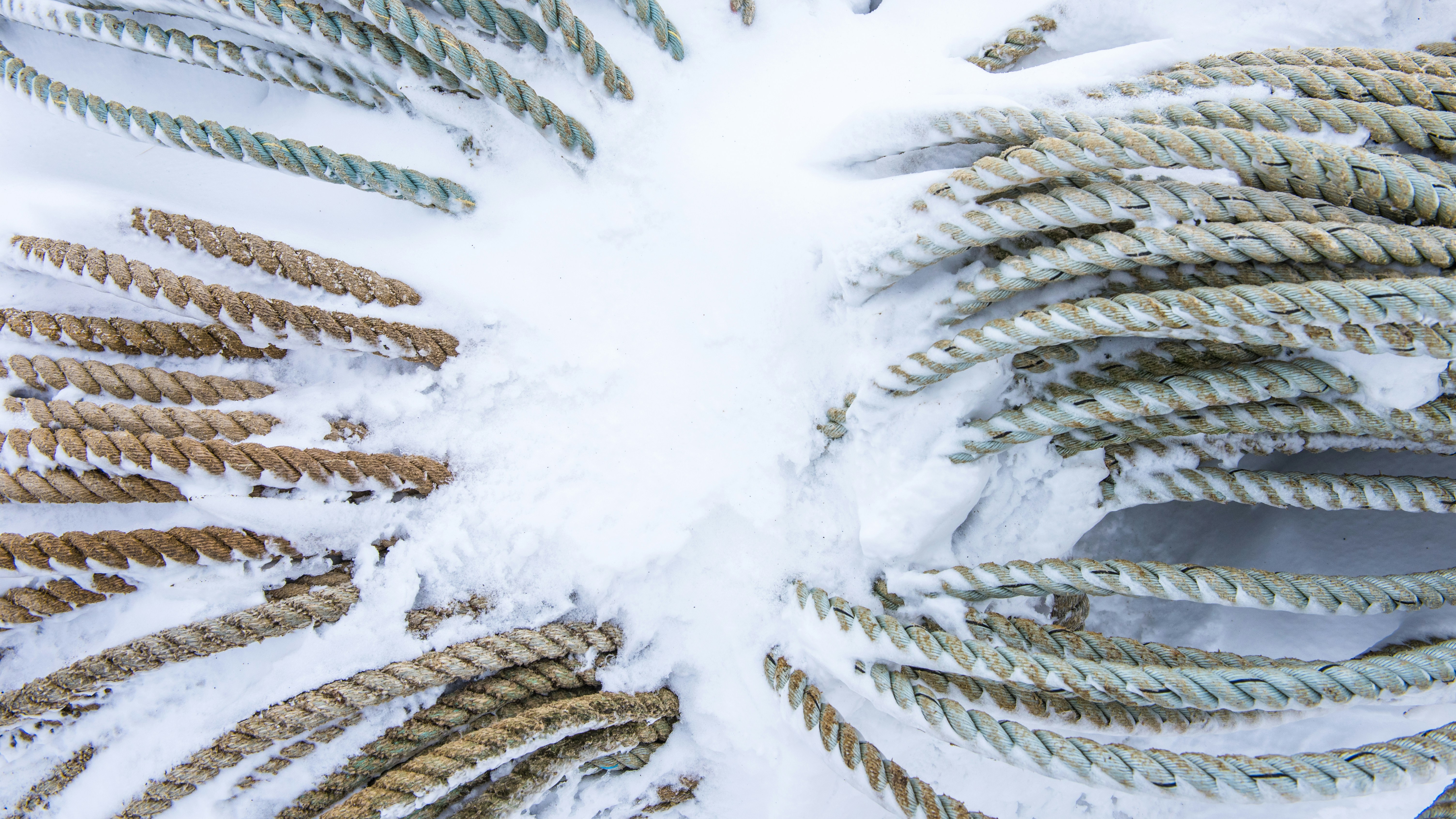 Ropes intertwined in a blanket of snow, showcasing intricate textures and patterns. The scene captures the quiet beauty of winter in a maritime setting.
