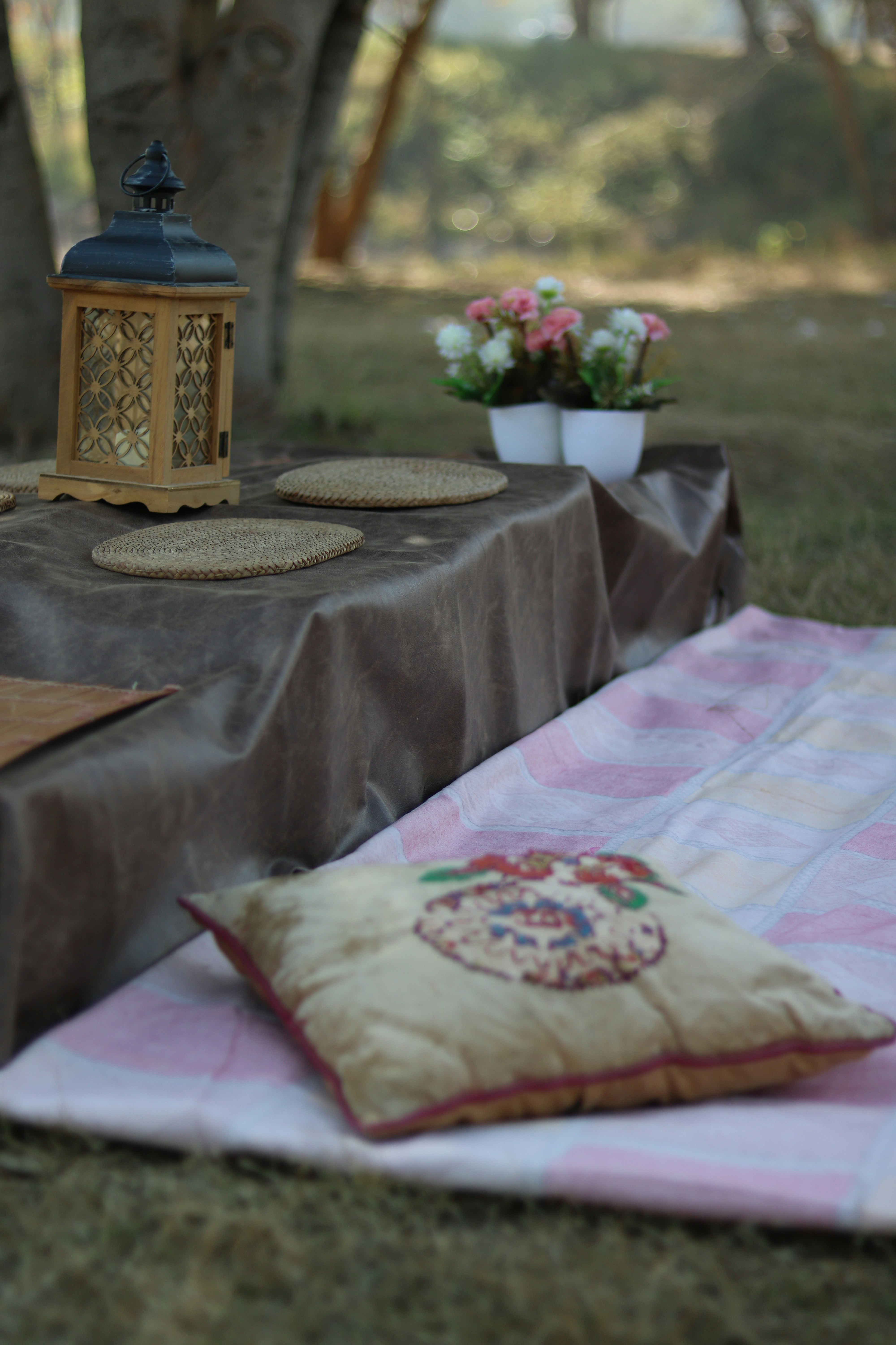 A cute picnic table setup in a park. 