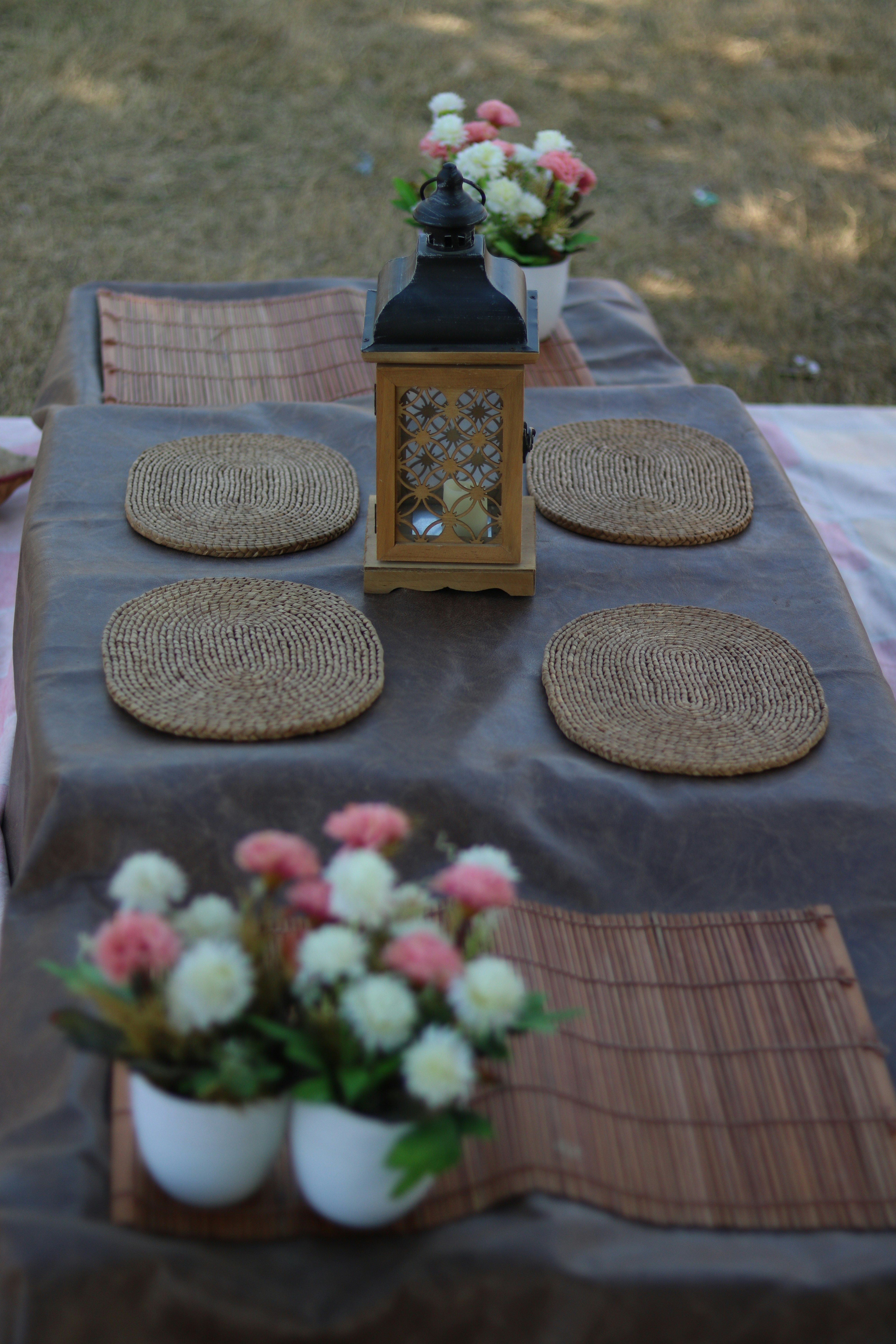 Lantern Centerpiece on a Rustic Picnic Table