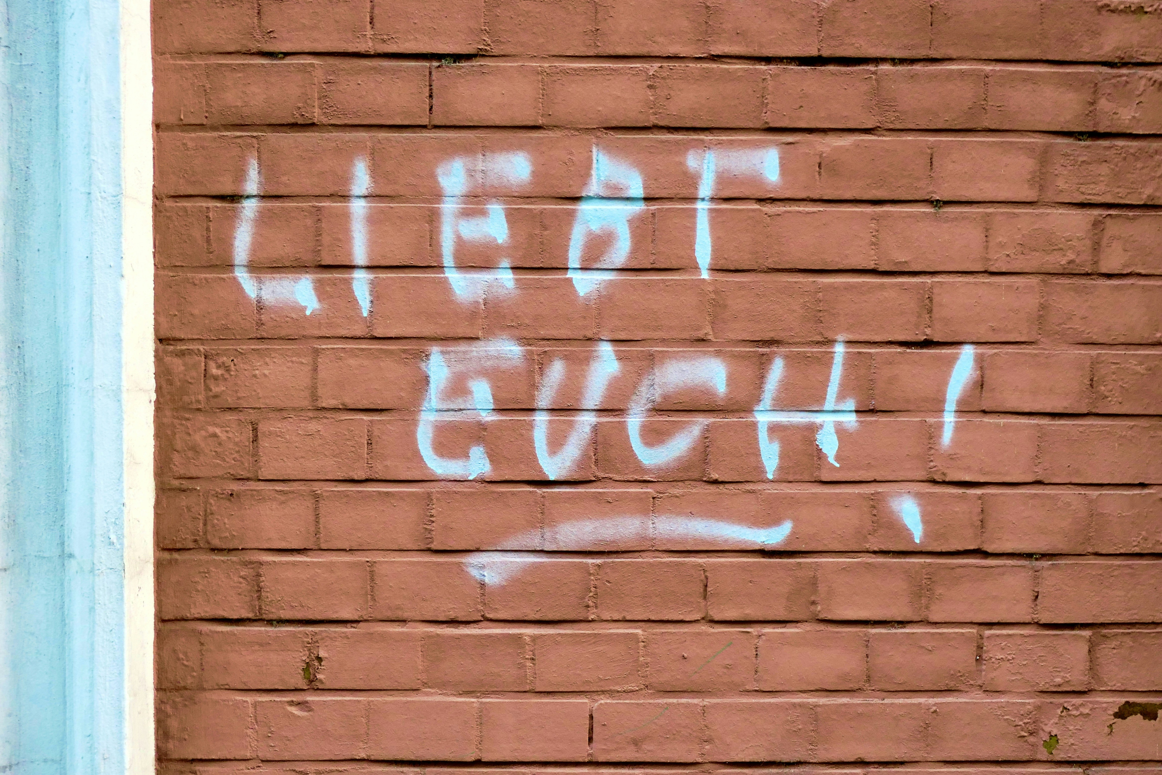 Graffiti text on a red brick wall with a light blue border.