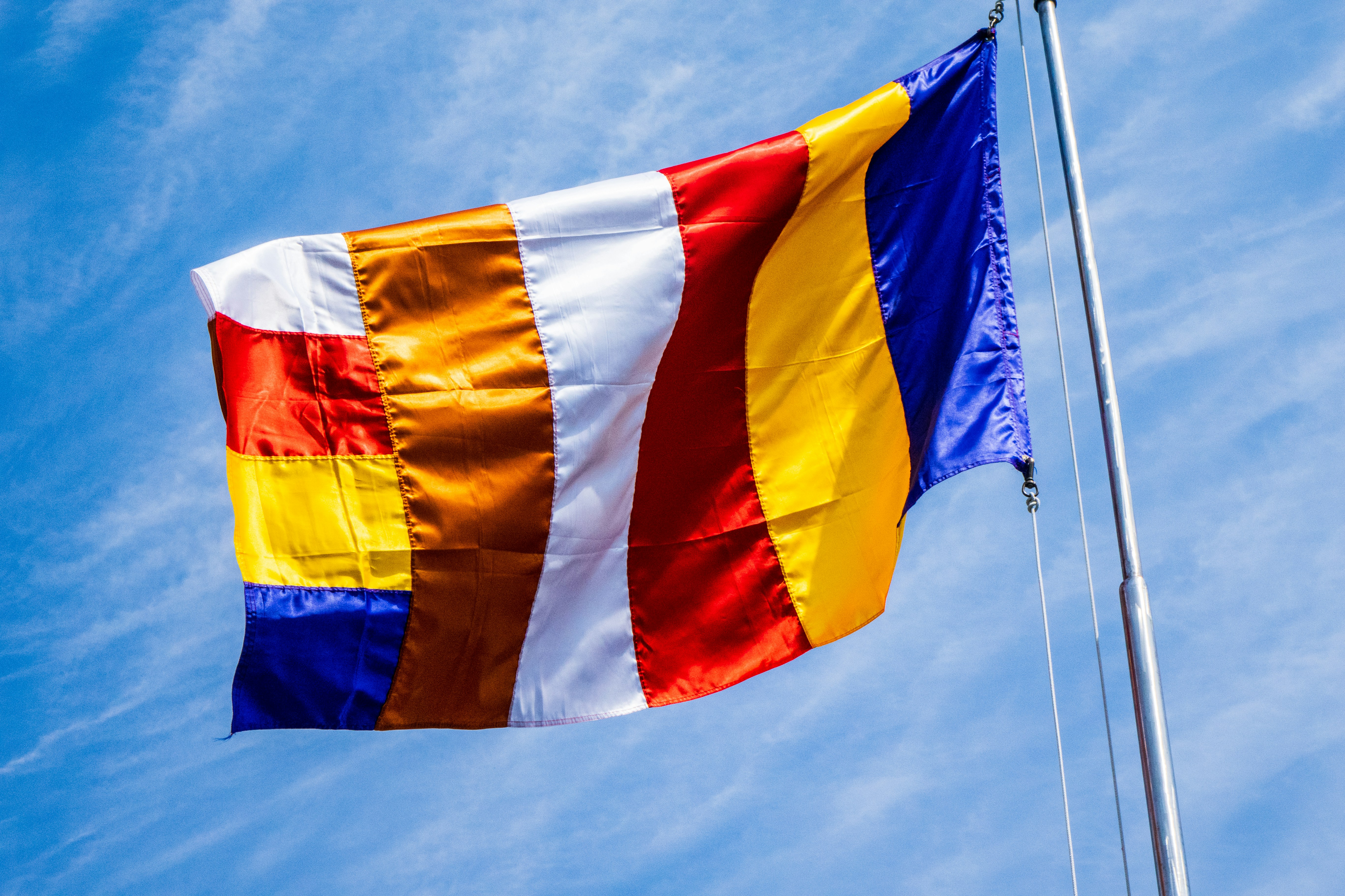 Skyward Threads: A Multicolor Buddhist Flag in Free Flight