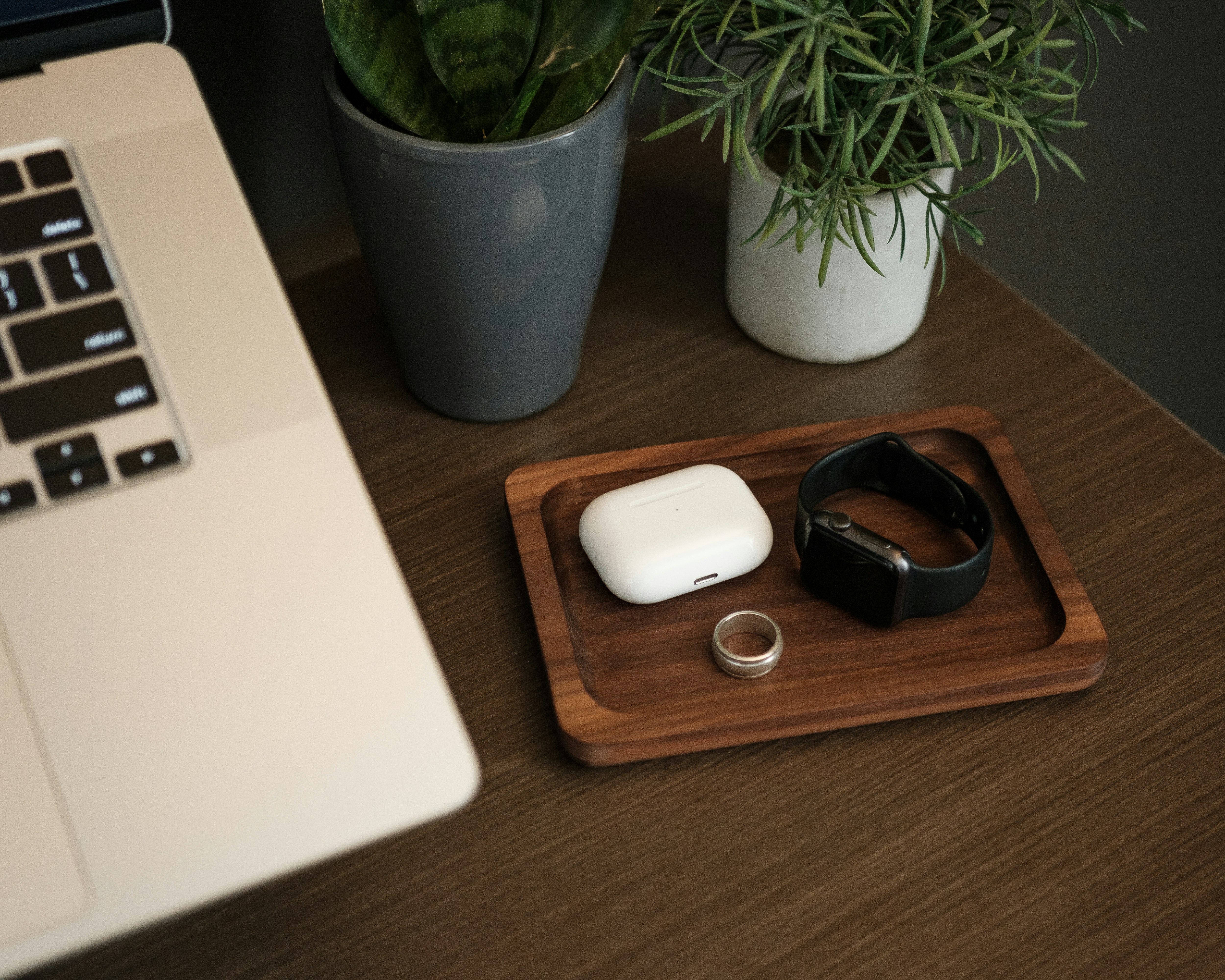 Desk Essentials: A Minimal Tech Tray with AirPods Pro on Walnut