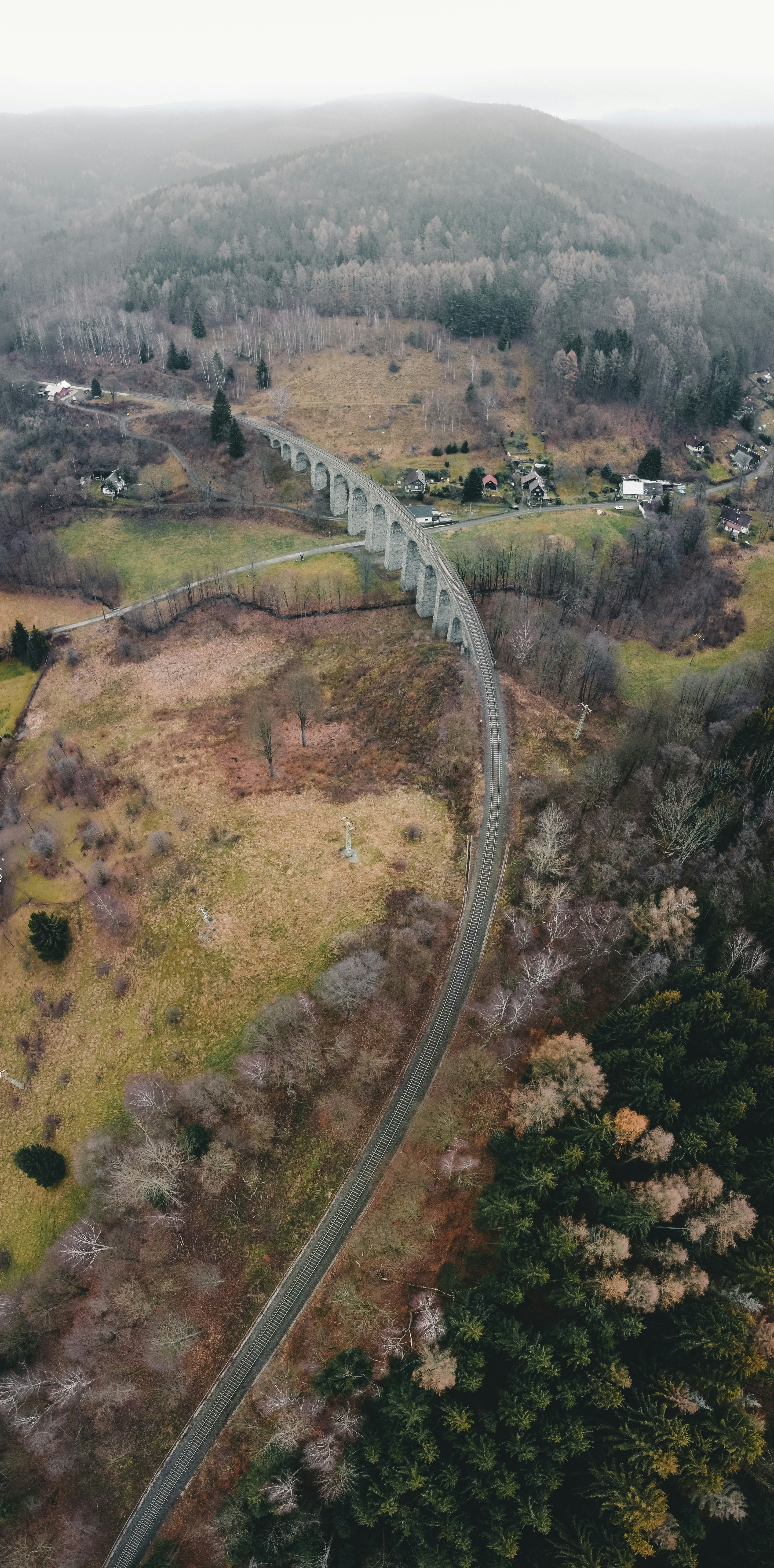 Aerial view of a historic viaduct gracefully arching over a lush landscape, surrounded by dense forests and scattered homes.