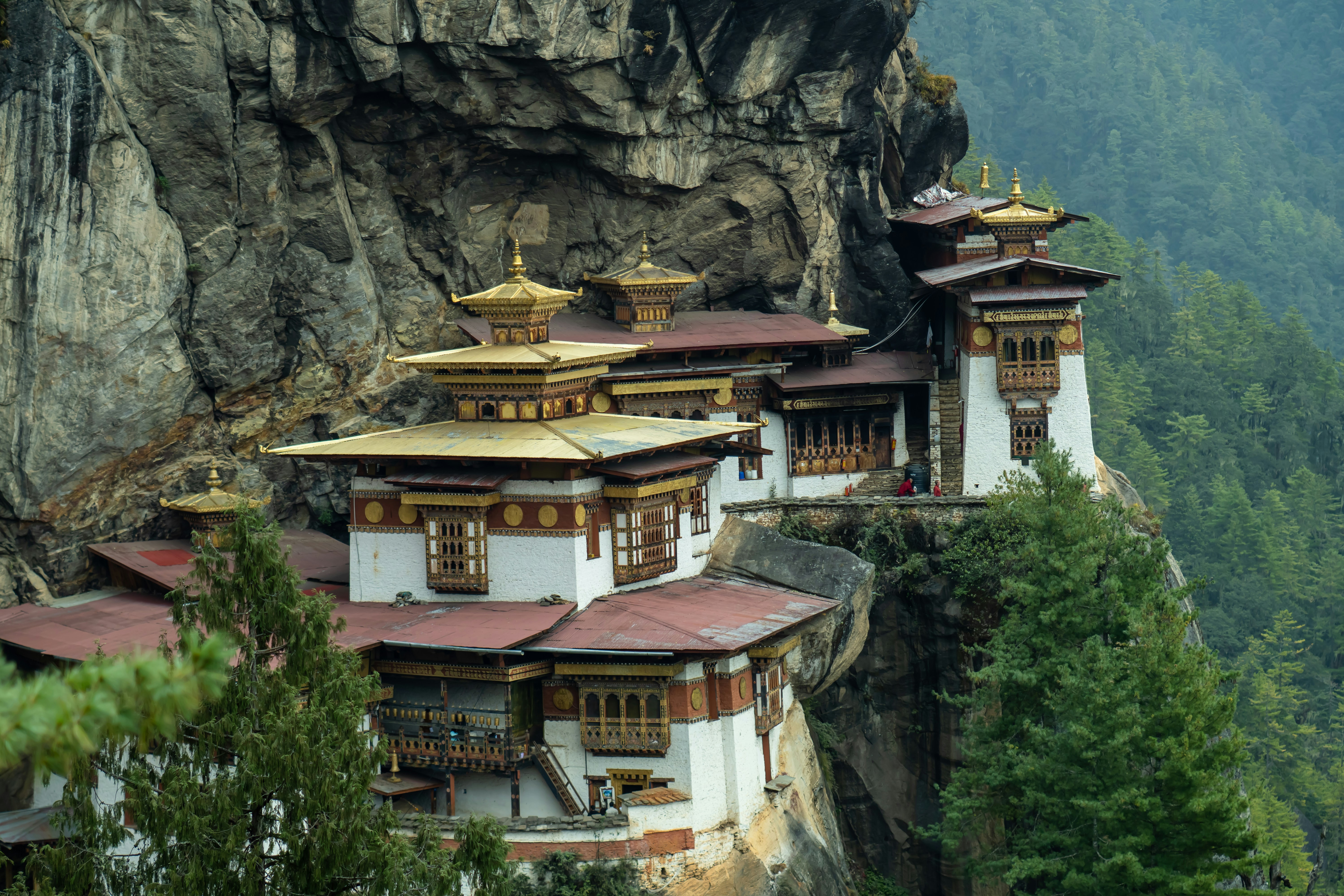 Cliffside monastery nestled against a rocky mountain, showcasing traditional architecture surrounded by lush greenery.