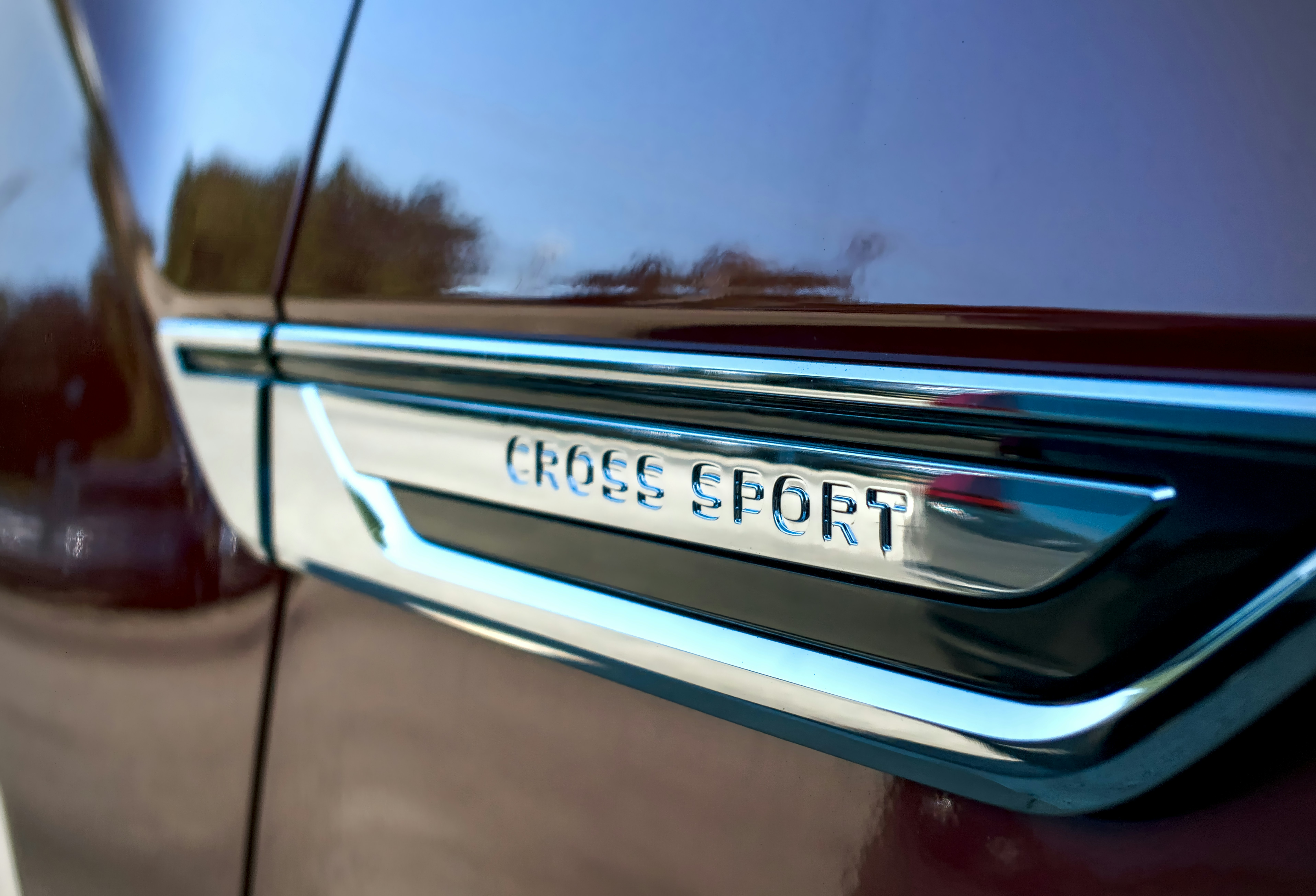 Close-up of a chrome logo badge on a burgundy car door, reflecting the surrounding environment.