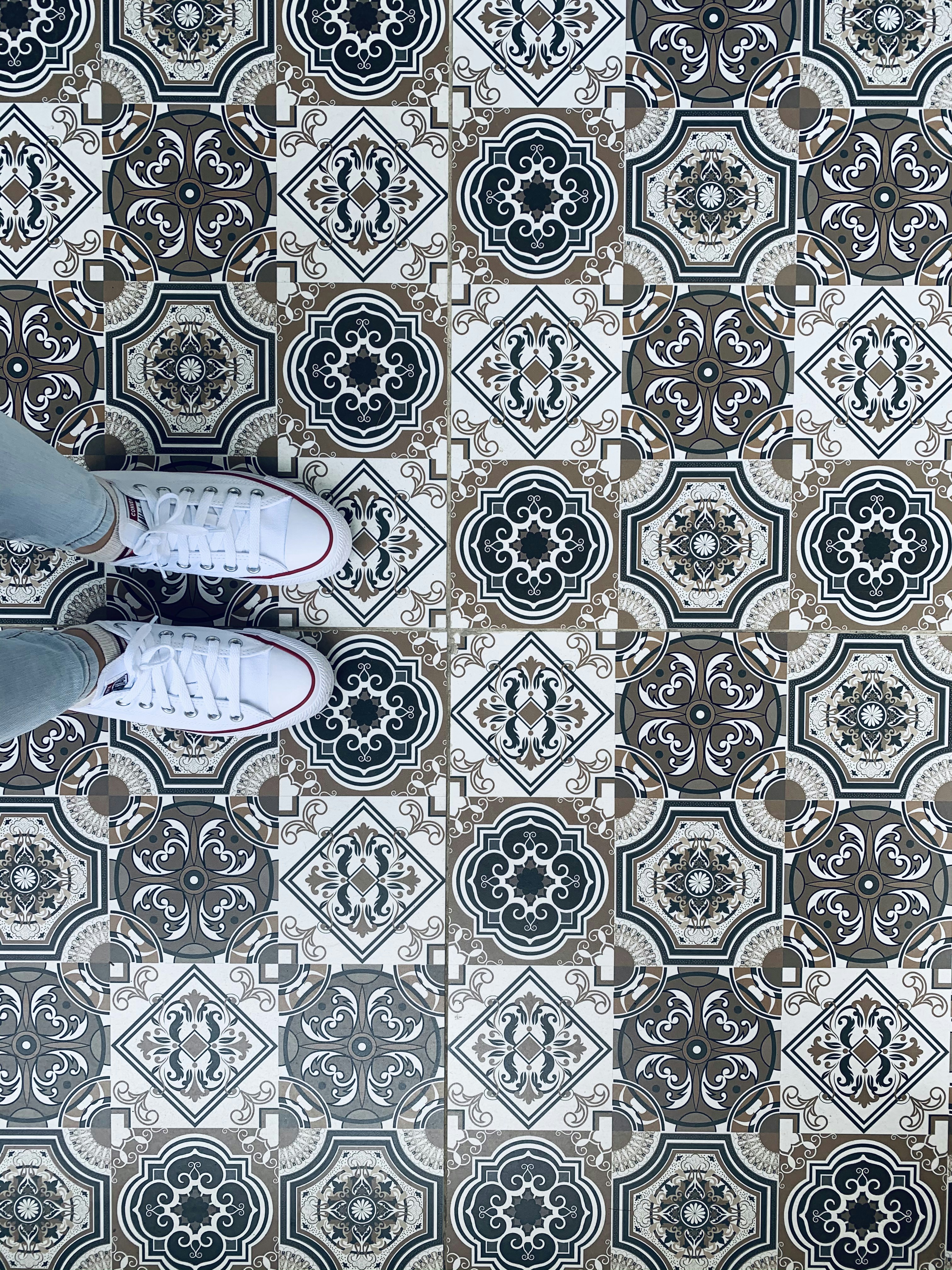 Footwear on a tiled mosaic: a ground-level first step into pattern