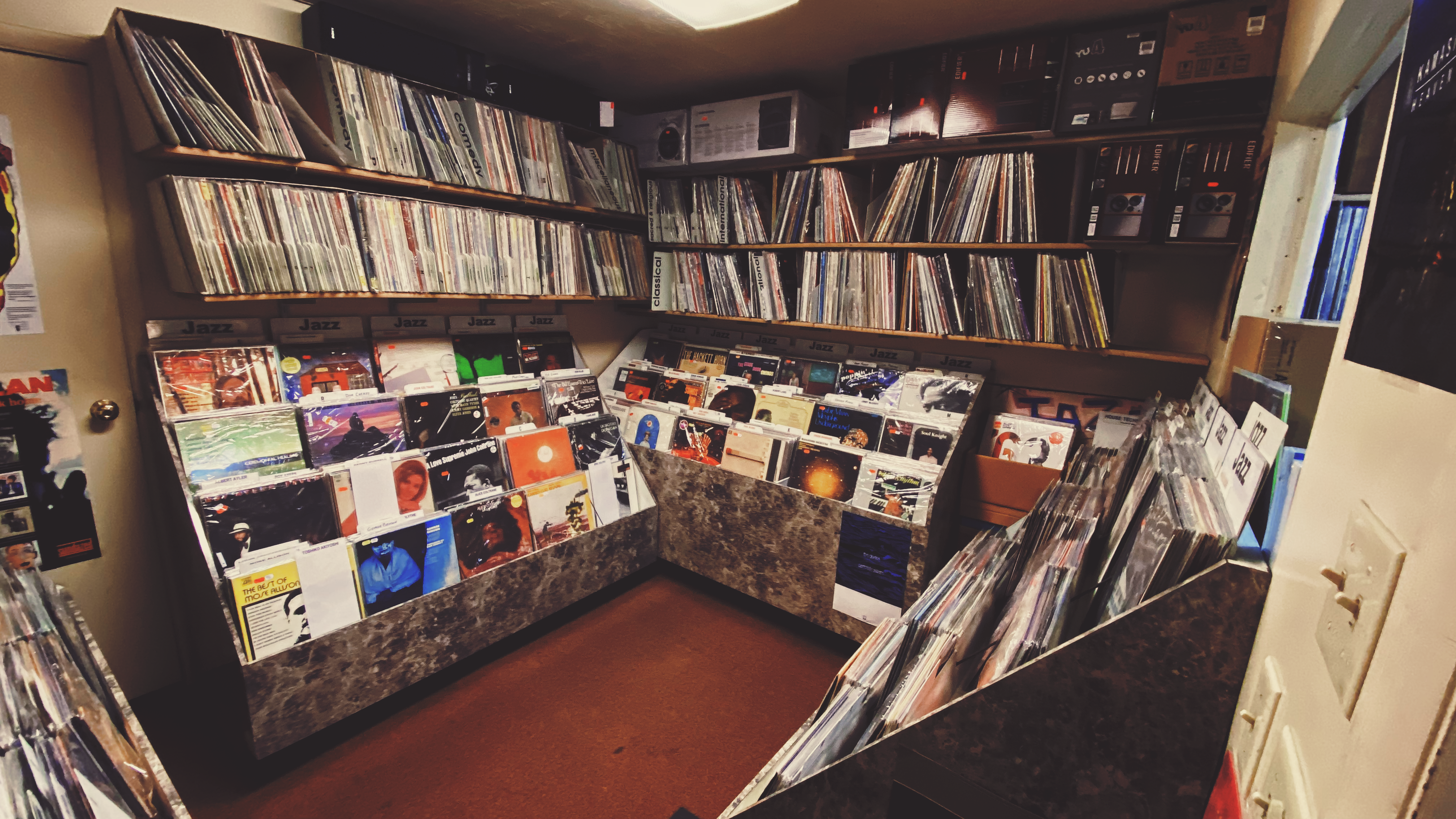 Cozy record store interior filled with an array of vinyl albums, showcasing a rich collection across multiple genres.