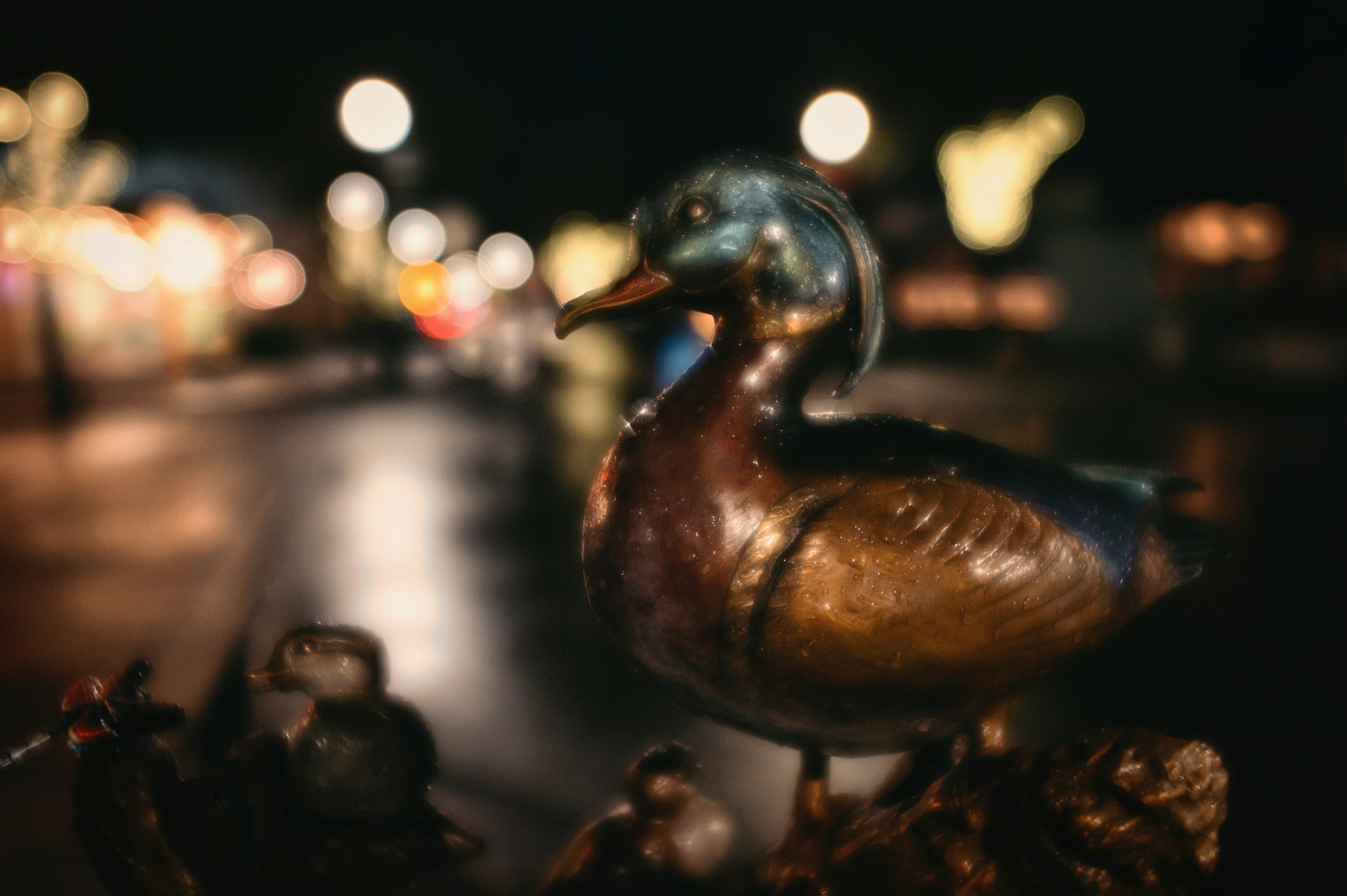 A bronze duck sculpture stands prominently in the foreground, illuminated by soft, blurred city lights in the background. The wet pavement reflects the enchanting ambiance.