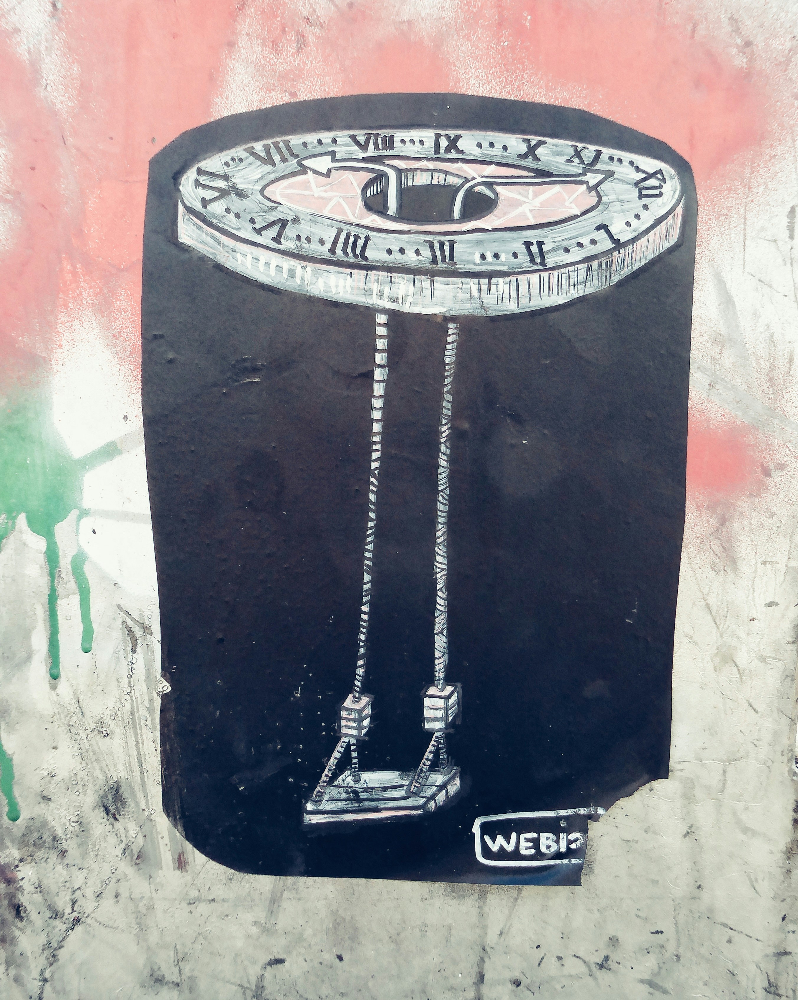 Clockwork Swing: A Graffiti Mural of Time on a Wall