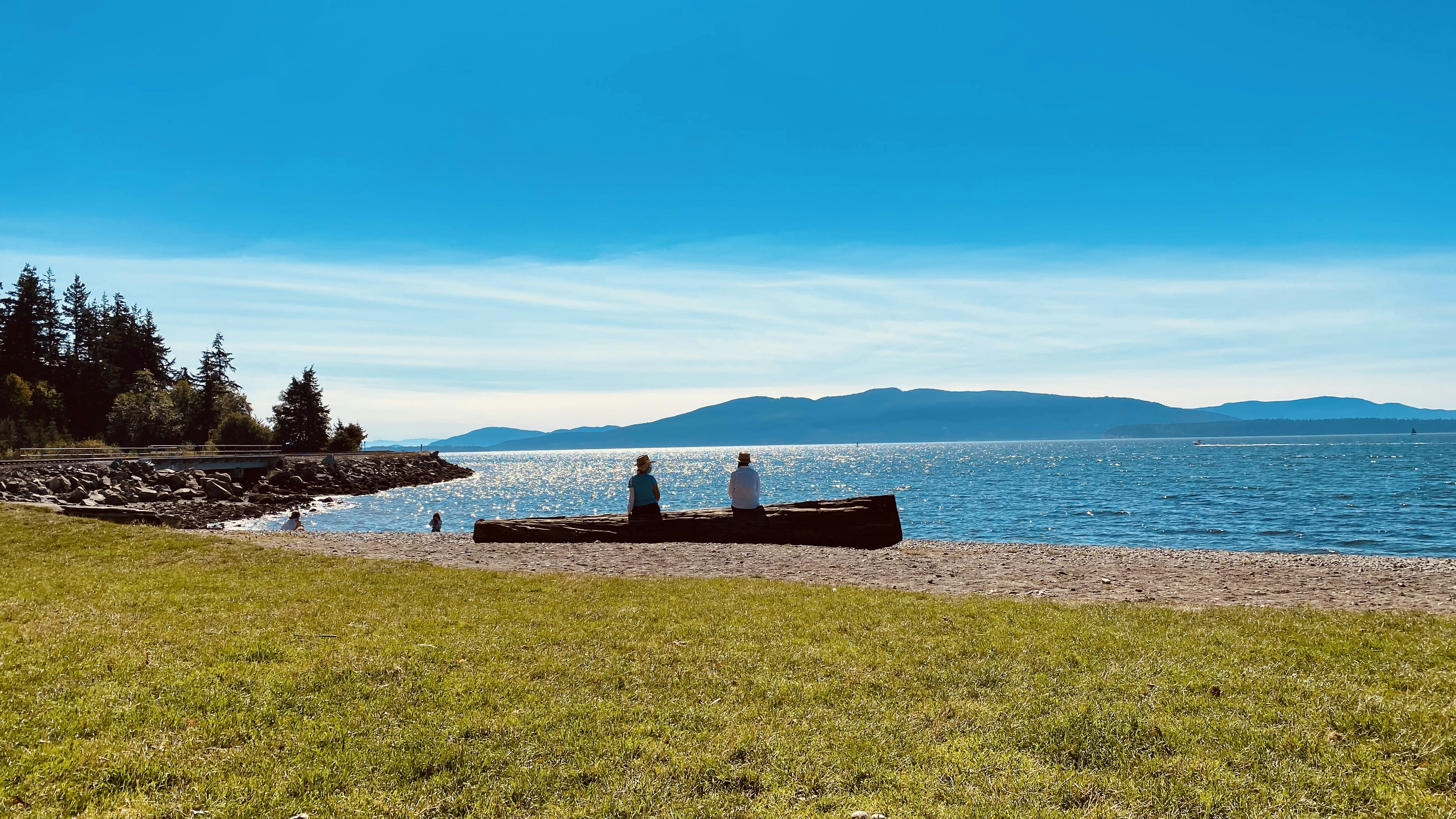 Two people sit on a bench by the sea under a clear blue sky.