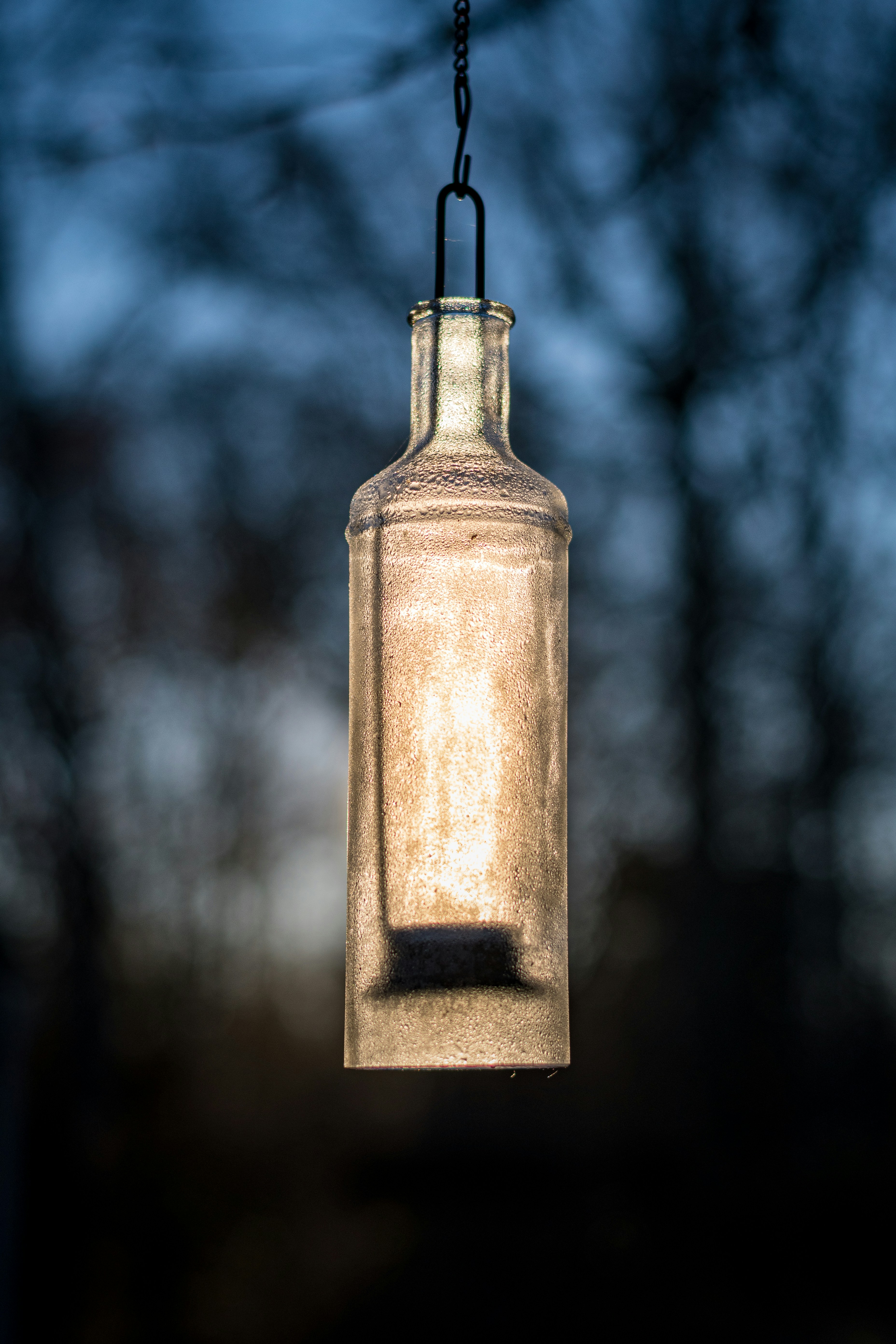 Hanging Lantern: A Weathered Bottle in Soft Backlight