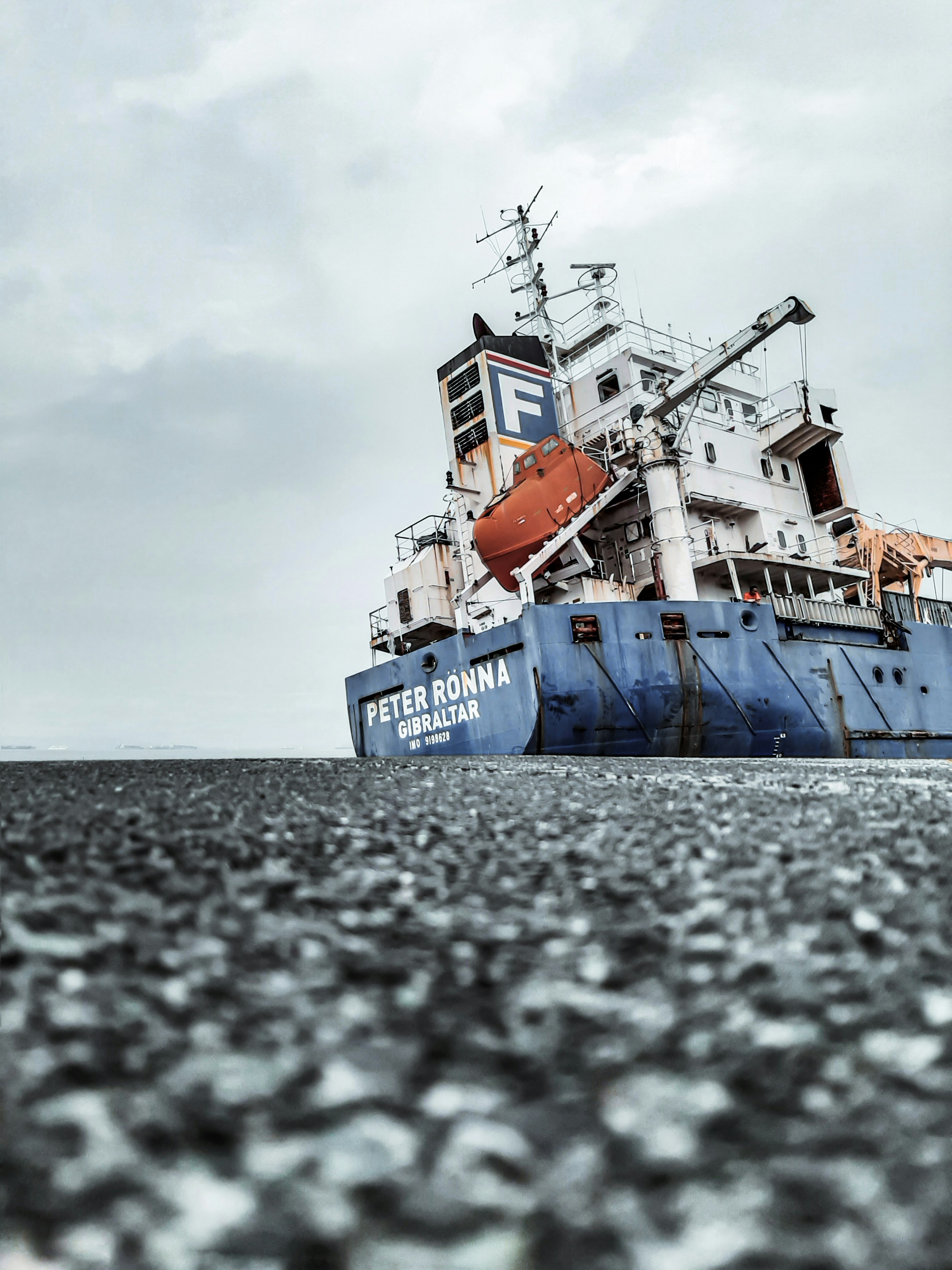 Cargo ship named 'Peter Ronna' docked at the harbor under a cloudy sky. The vessel showcases its vibrant blue hull and industrial design.
