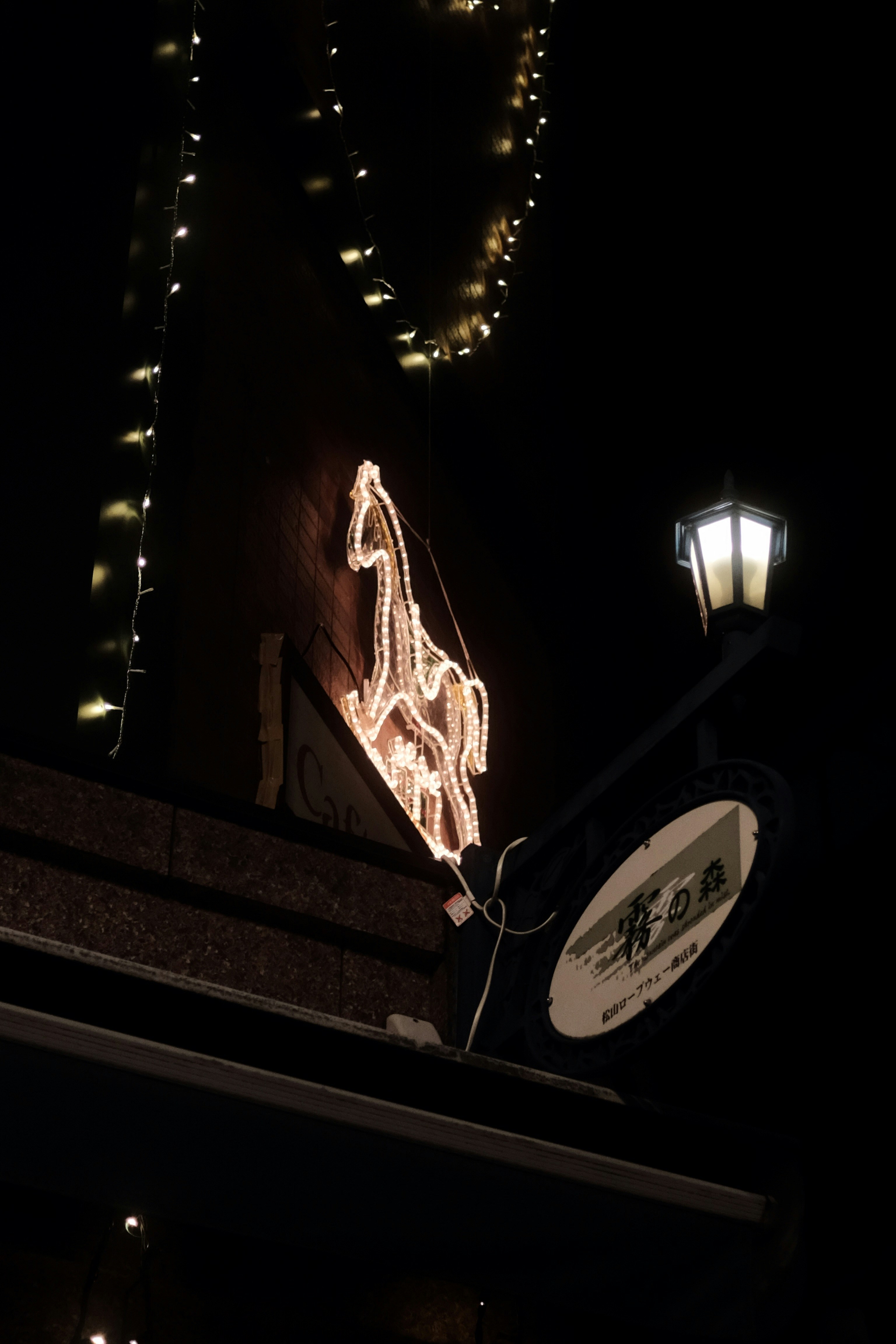 Guitar in the Glow: Neon Sign Draped in Fairy Lights Over a Quiet Nightshop